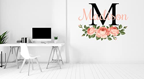 CuteDecals Flowers Custom Name & Initial Wall Decal - Personalized Peonies Art Decor Mural Girls Stickers For Nursery Bedroom Decoration (Mini Wide 15''x13'' Height)