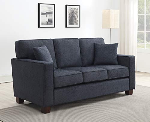OSP Home Furnishings Russell 3 Seater Sofa with 2 Pillows and Coffee Finished Legs, Navy