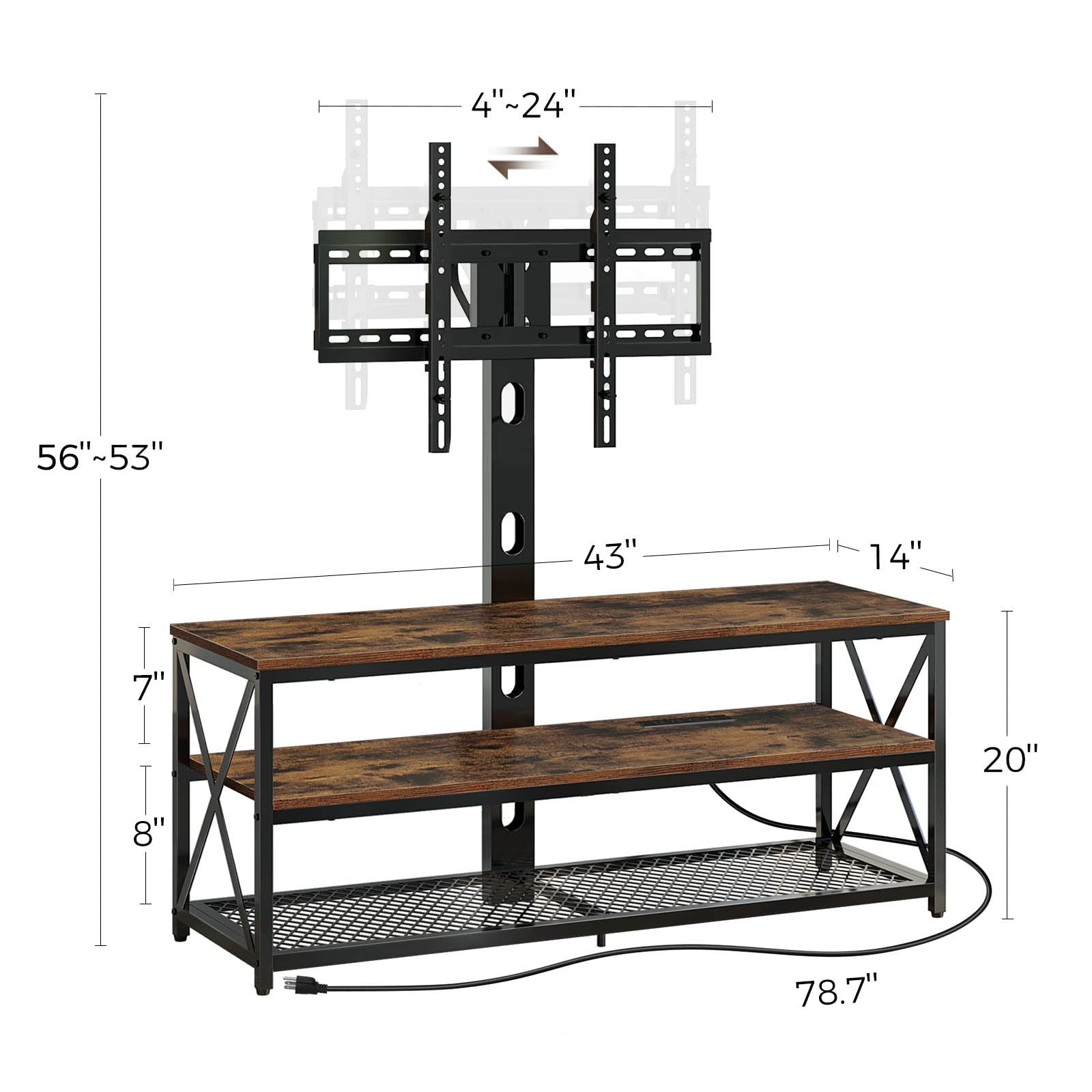 Seventable TV Stand with Mount and Power Outlet 43", Swivel TV Stand Mount for 32/45/55/60/65/70 inch TVs, Height Adjustable TV Entertainment Center with Cable Management, Rustic Brown