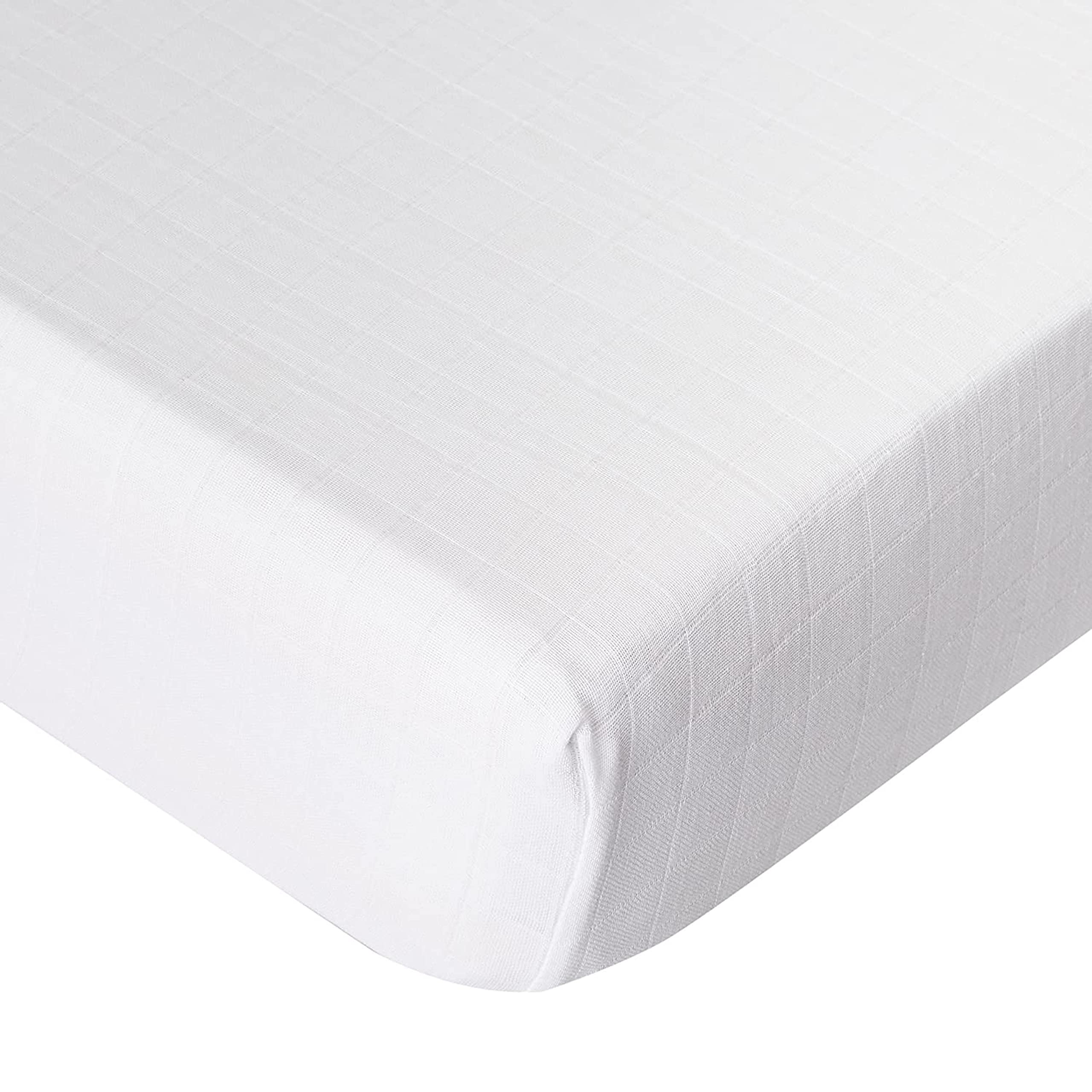 MOZAH Baby Fitted Crib Sheet –100% Organic Cotton Muslin Super Soft Breathable Tailored Snug Fit Solid White for Standard Crib and Toddler Mattresses