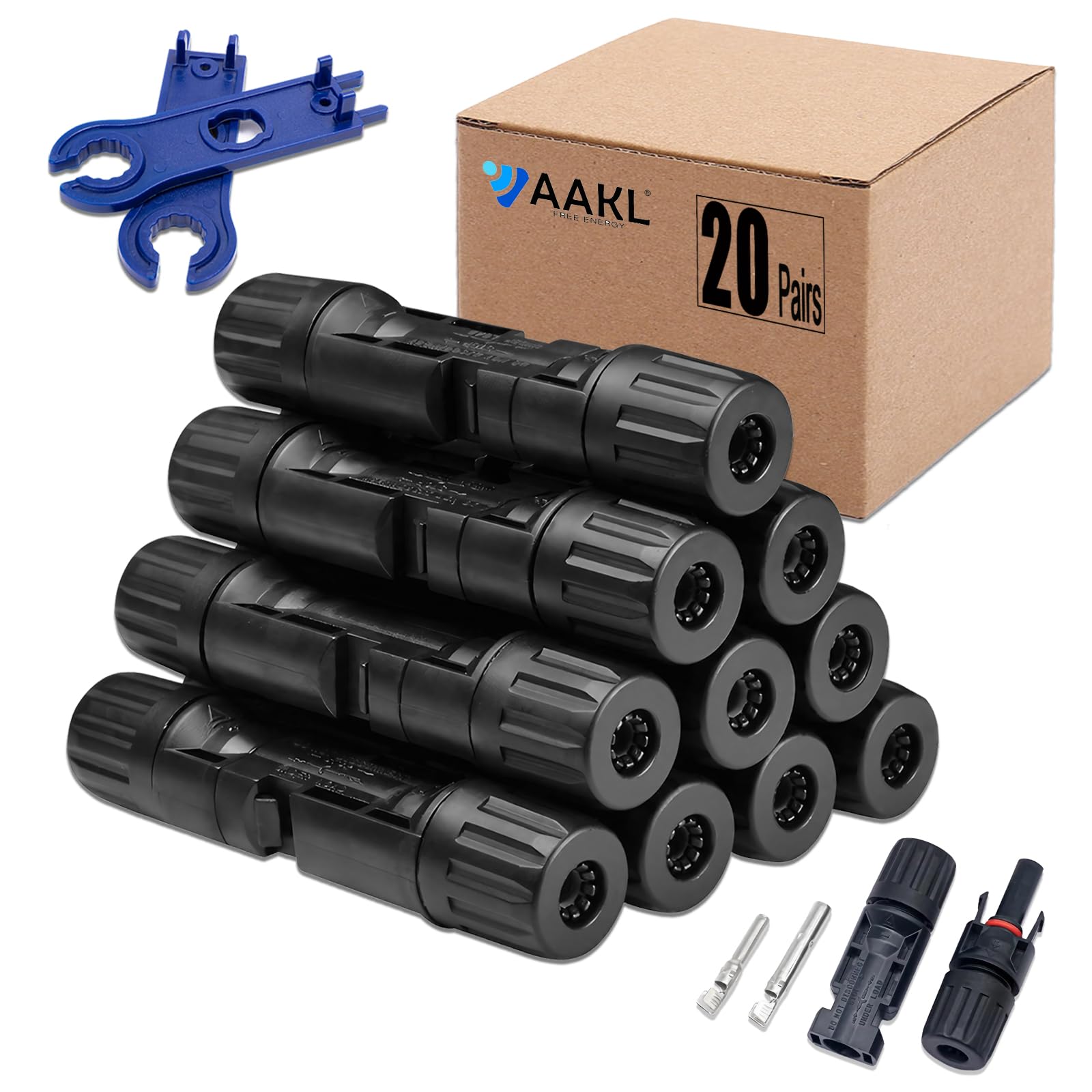 AAKL 20Pairs Solar Panel Connector IP67 Waterproof Solar Power Cable Connectors 1000V 30A 10AWG/12AWG Male/Female Plug with 2PCS Spanners (20 Pairs)