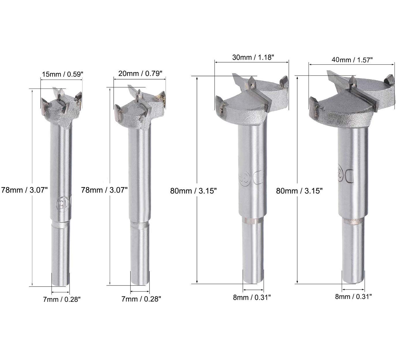 DONJON Forstner Drill Bits Set,Precision Shear Serrated Edge Wood Drilling Forstner Bit,4Pcs(15-40mm) Auger Opener Drilling Wood Plastic Plywood with Round Shank.