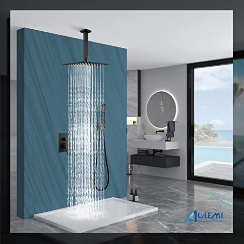 Aolemi Ceiling Mount Shower System, 12 Inch Rain Shower Head with Handheld Spray High Pressure Shower Faucet Set Rough-in Valve and Shower Trim Included Bathroom Matte Black Square Knob