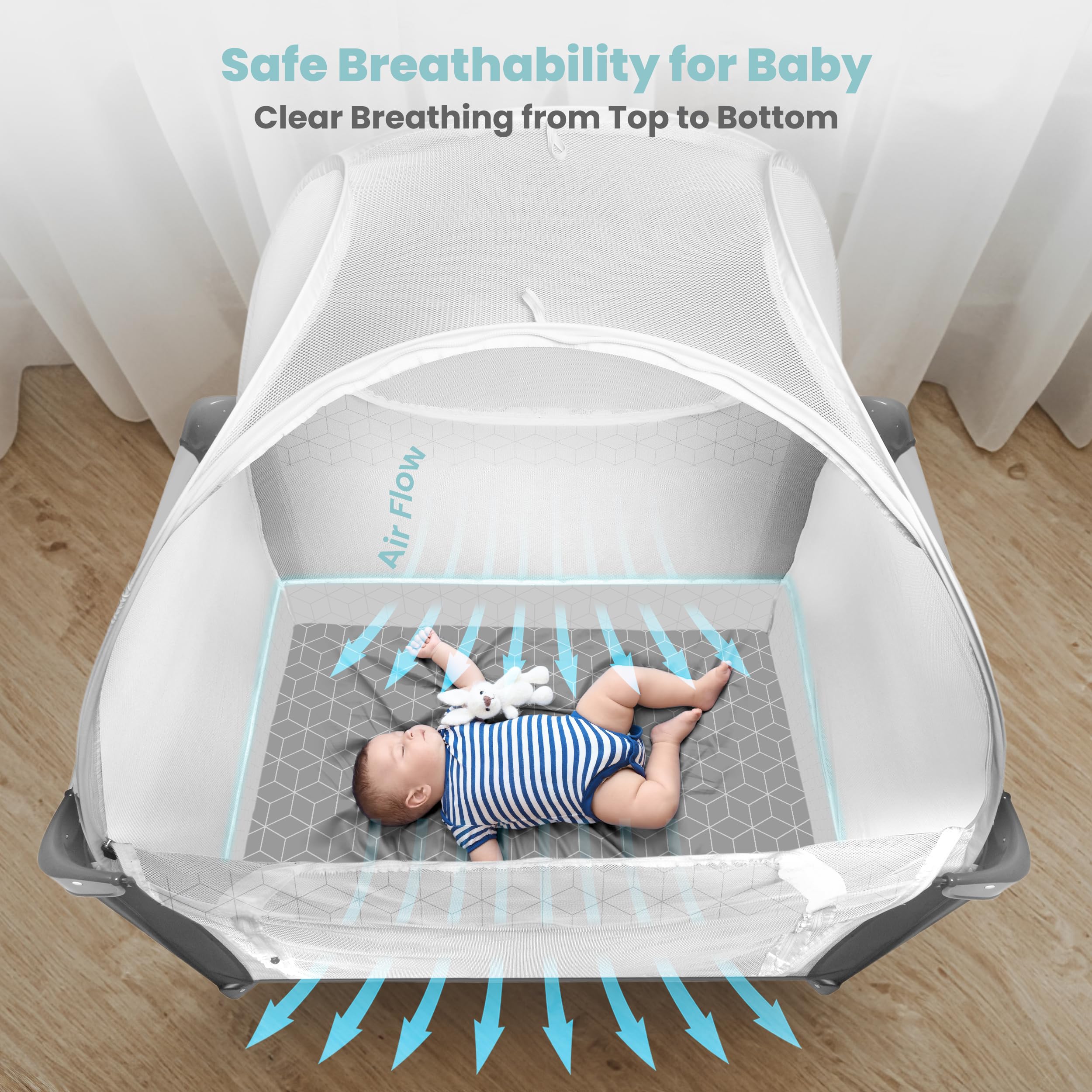 Pro Baby Safety Premium Pack n Play Tent, Mini Crib Tent to Keep Baby from Climbing Out, Auto Pop Up Pack and Play Tent with Auto-Lock Zippers, Thick Velvety Breathable Mesh (Geometric Cubes)