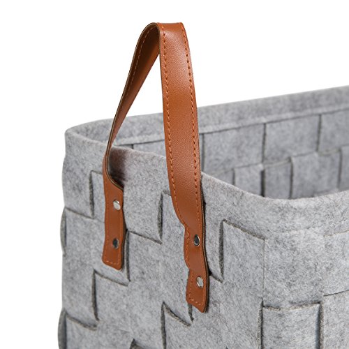 Felt Storage Baskets Organizer, Home Decoration Fabric Folding Knitted Organizers Box Cubes with Leather Handles (Rectangle-Lightgary)