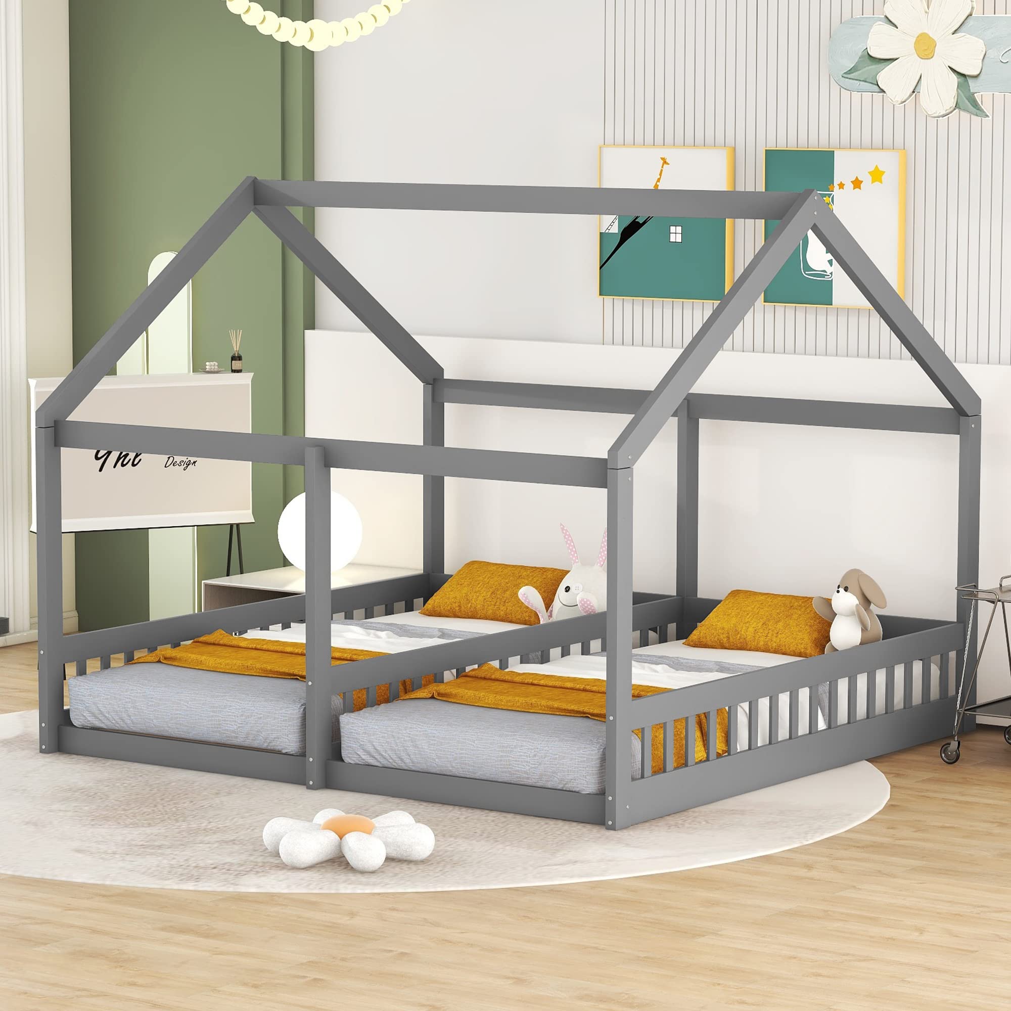 Twin House Bed for 2 Kids Wood Double Floor Beds Frame with Fence Railings Two Shared Beds for Boys Girls Teens, Twin Size, Gray