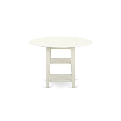 East West Furniture SUT-LWH-T Sudbury Modern Dining Table - a Round Kitchen Table Top with Dropleaf & 2 shelves, 42x42 Inch, Linen White
