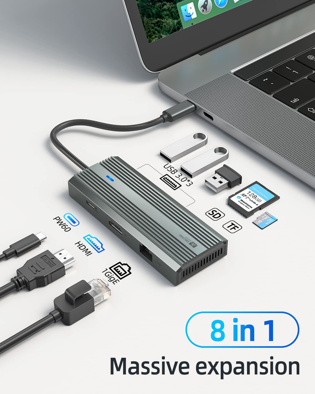 8 in 1 USB c hub Adapter with 100w Cable for Thunderbolt