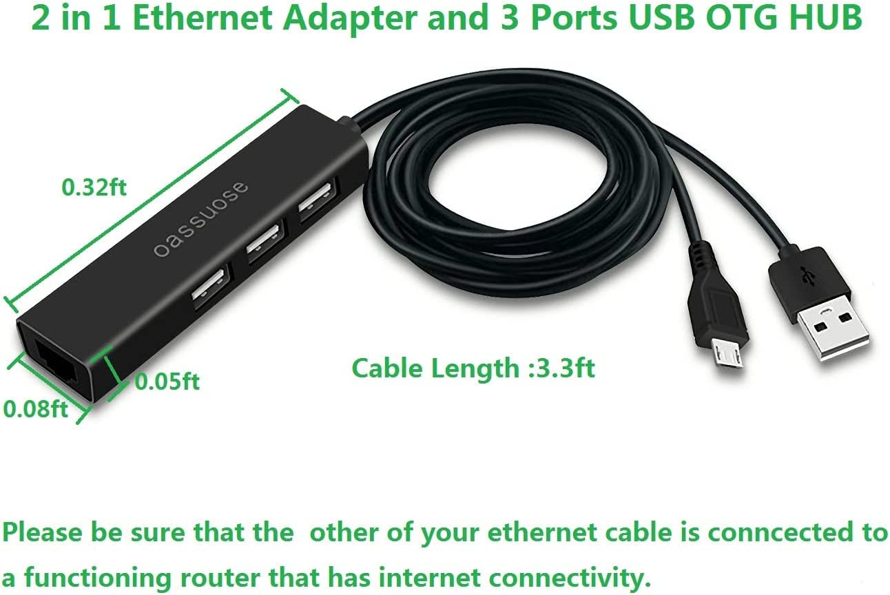4 in 1 Ethernet Adapter and 3 Ports USB OTG Hub for Fire TV Stick 4K/Chromecast/Google Home Mini/Raspberry Pi Zero and Other Streaming TV Sticks,Micro USB OTG Cable HUB with Powered Network Adapter