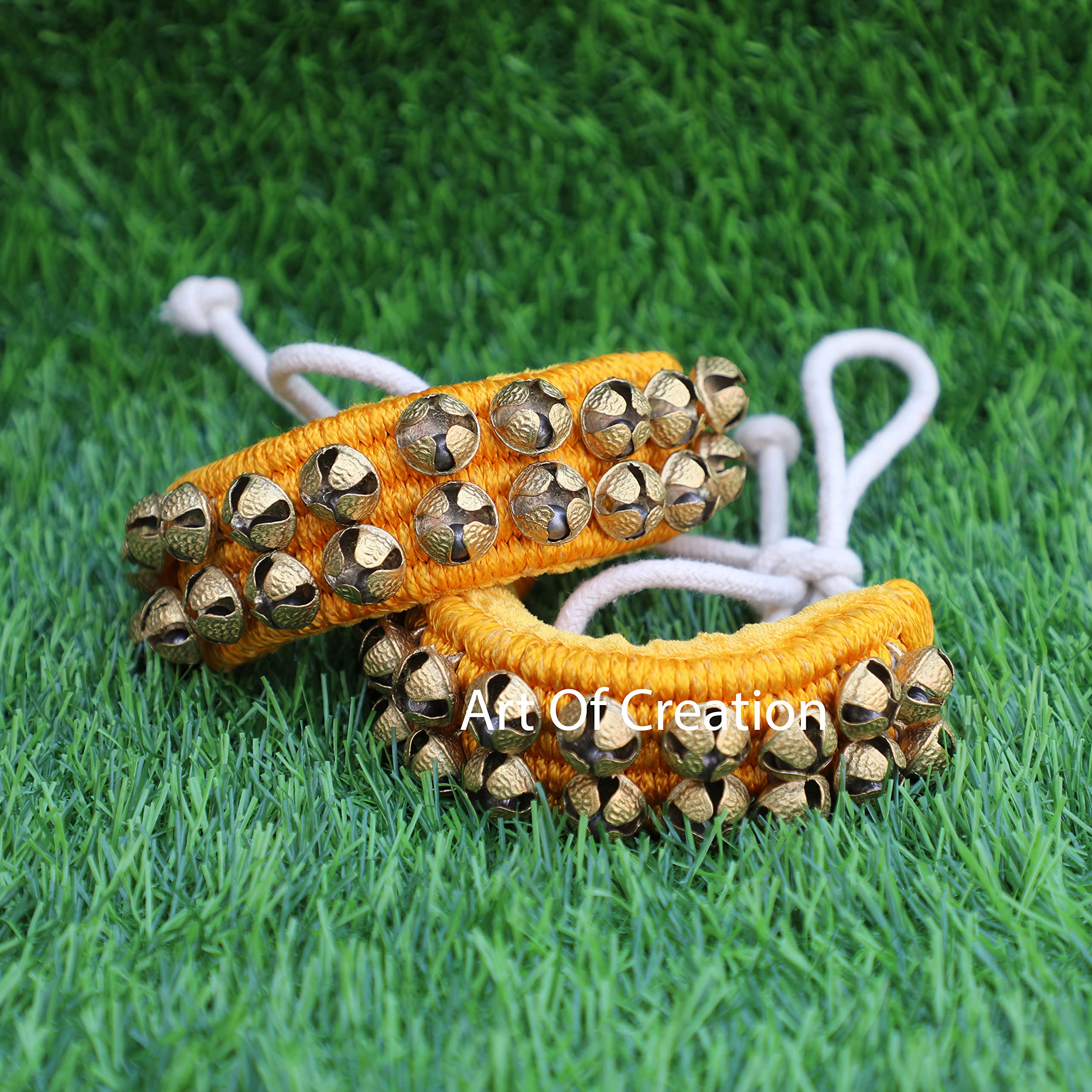 Art Of Creation Dancing Ankle Kathak Ghungroo Pair 40 Bells 2 Lines Handmade Musical Instrument Classical Bharatnatayam Kuchchipudi (Yellow Padded 40 Bell)