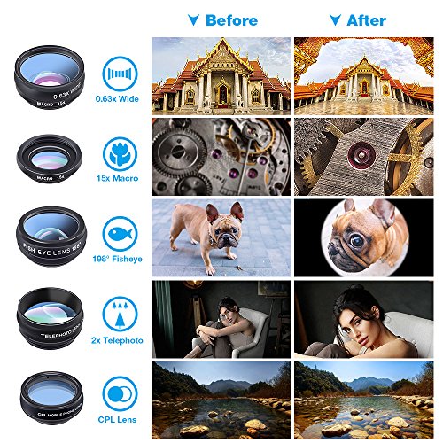 Apexel 10 in 1 Phone Camera Lens Kit Wide Angle/Macro/Fisheye/Telephoto/CPL/Flow/Radial/Star Filter/Kaleidoscope Lens for iPhone and Most Phone