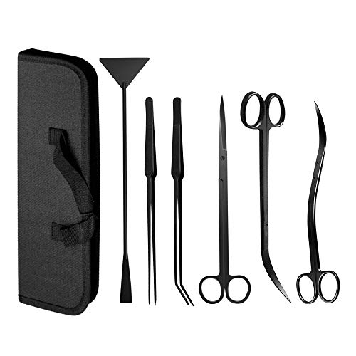 Aquascaping Tools 7 in 1 Kit Aquarium Plant Scissors Tools Set Curved & Waved Scissor Tweezers Spatula Stainless Steel Anti Rust Tools for Aquascape Black
