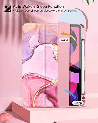 ZtotopCases for iPad Air 6th Generation 11 Inch Case M2 2024 & iPad Air 5th/4th Gen 10.9 Inch 2022/2020 & iPad Pro 11" 2018 1st with Pencil Holder, Soft TPU Back Slim Trifold Smart Cover, Marble Pink