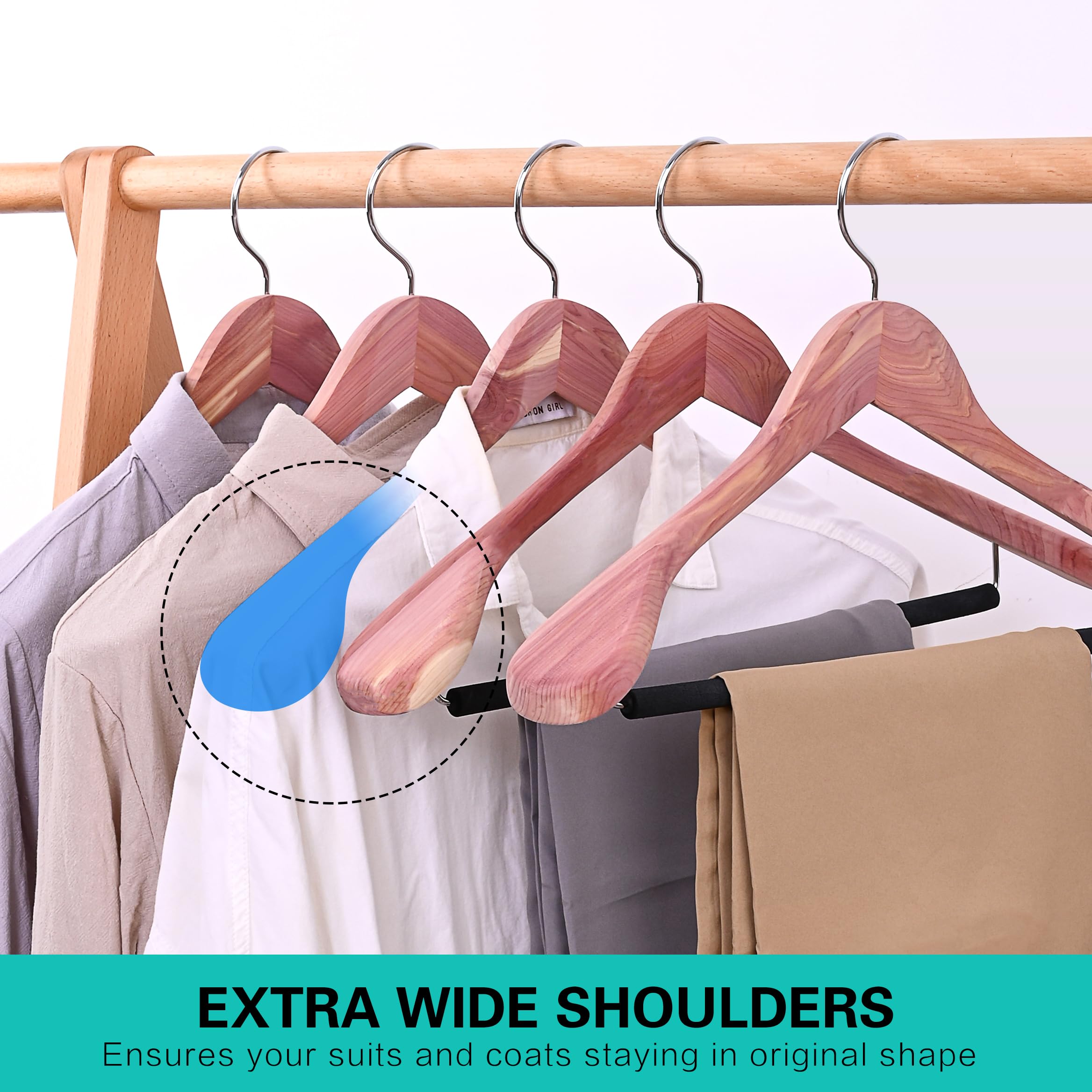 8 Pack Unfinished American Red Cedar Wooden Coat Suit Hangers with Extra Wide Shoulder, Wooden Jacket Clothes Hanger with Non Slip Black Padded Pant Bar- 360°Flexible Hook, Natural- HL03C2