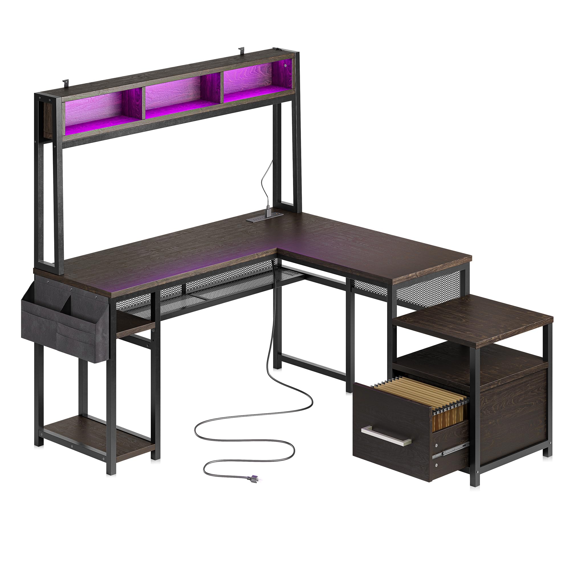 BELLEZE Computer Desk with Hutch and File Cabinet, 104" Long Gaming Desk with RGB LED Lights and USB AC Outlet, Reversible L-Shaped Desk for Home Office (Eclipse - Brown)