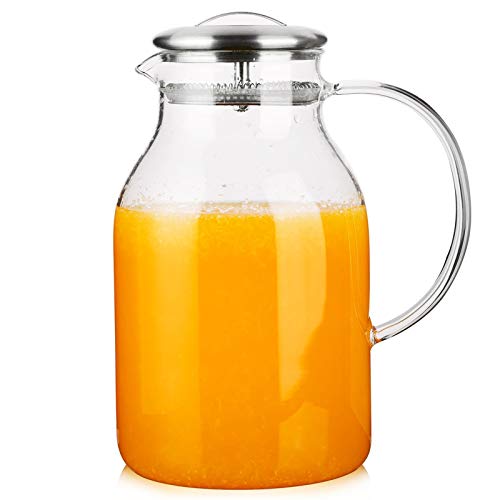 Hiware Glass Pitcher with Lid and Spout - 68 OZ Water Pitcher for Hot/Cold Water & Iced Tea, 18/8 Stainless Steel Lid, High Heat Resistance, 100% Lead-free Clear