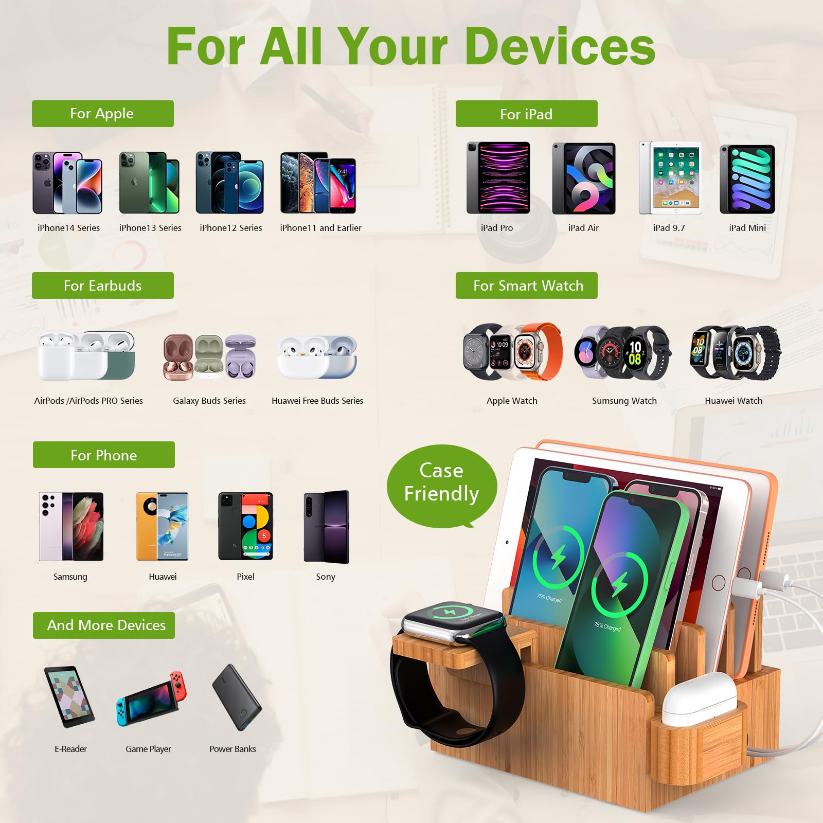 Pezin & Hulin Bamboo Charging Station for Multiple Devices with 5 Port USB Charger, 5 Cables, Watch&Earbuds Stand, Electronic Device Desktop Organizer for Cellphone, Tablet, Watch, Earbuds