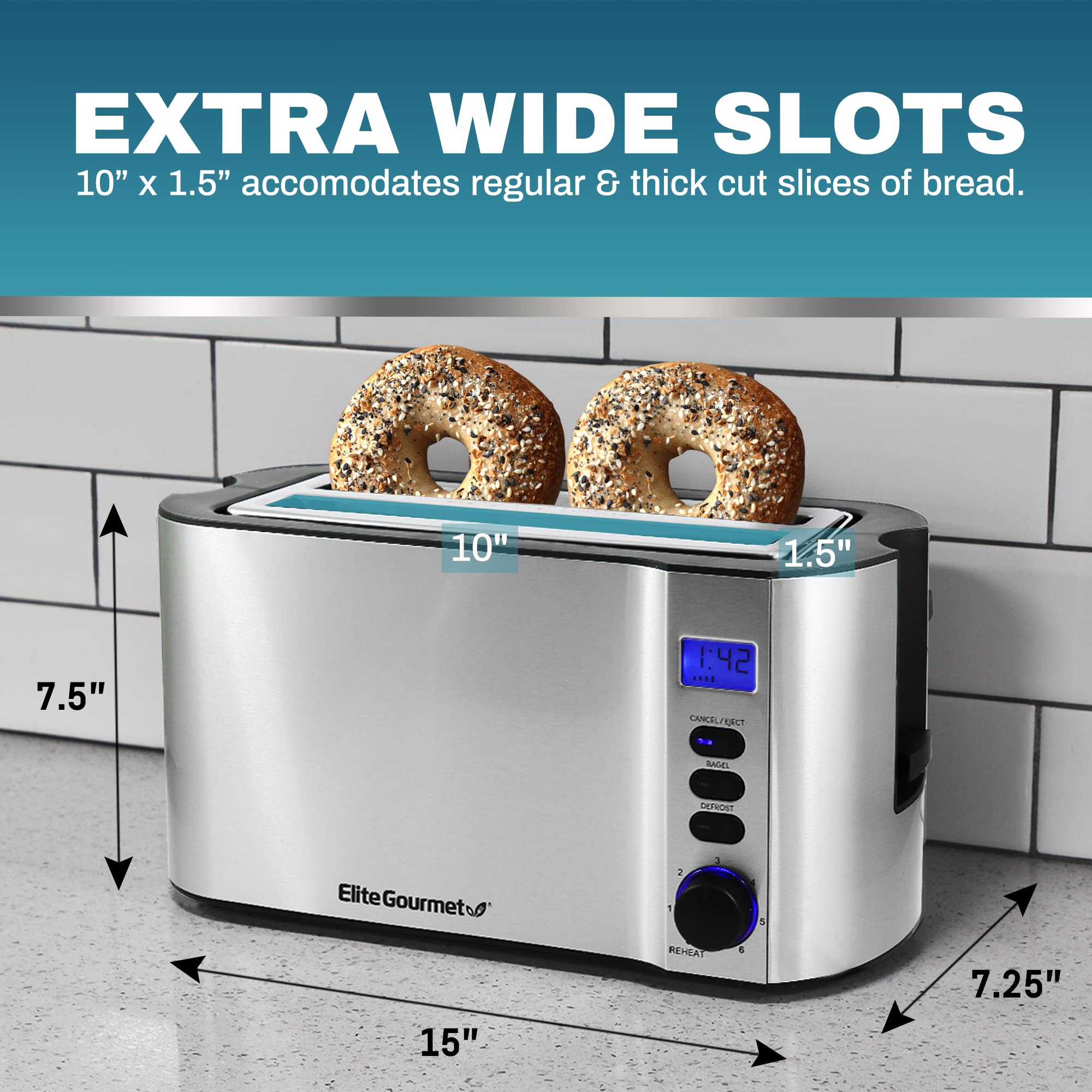 Elite Gourmet ECT2428 Extra Wide 1.25β Slot 2-Slice Toaster, Cancel, Defrost and Bagel Functions, 6 Toast Settings, Slide-Out Crumb Tray, Stainless Steel