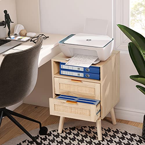 AILEEKISS Rattan Nightstands Set of 2 with Wireless Charging Station Modern Bedside Tables with Solid Wood Feet Night Stands Set of 2 with Drawers and Open Storage Shelf for Bedroom (Natural 2 Sets)