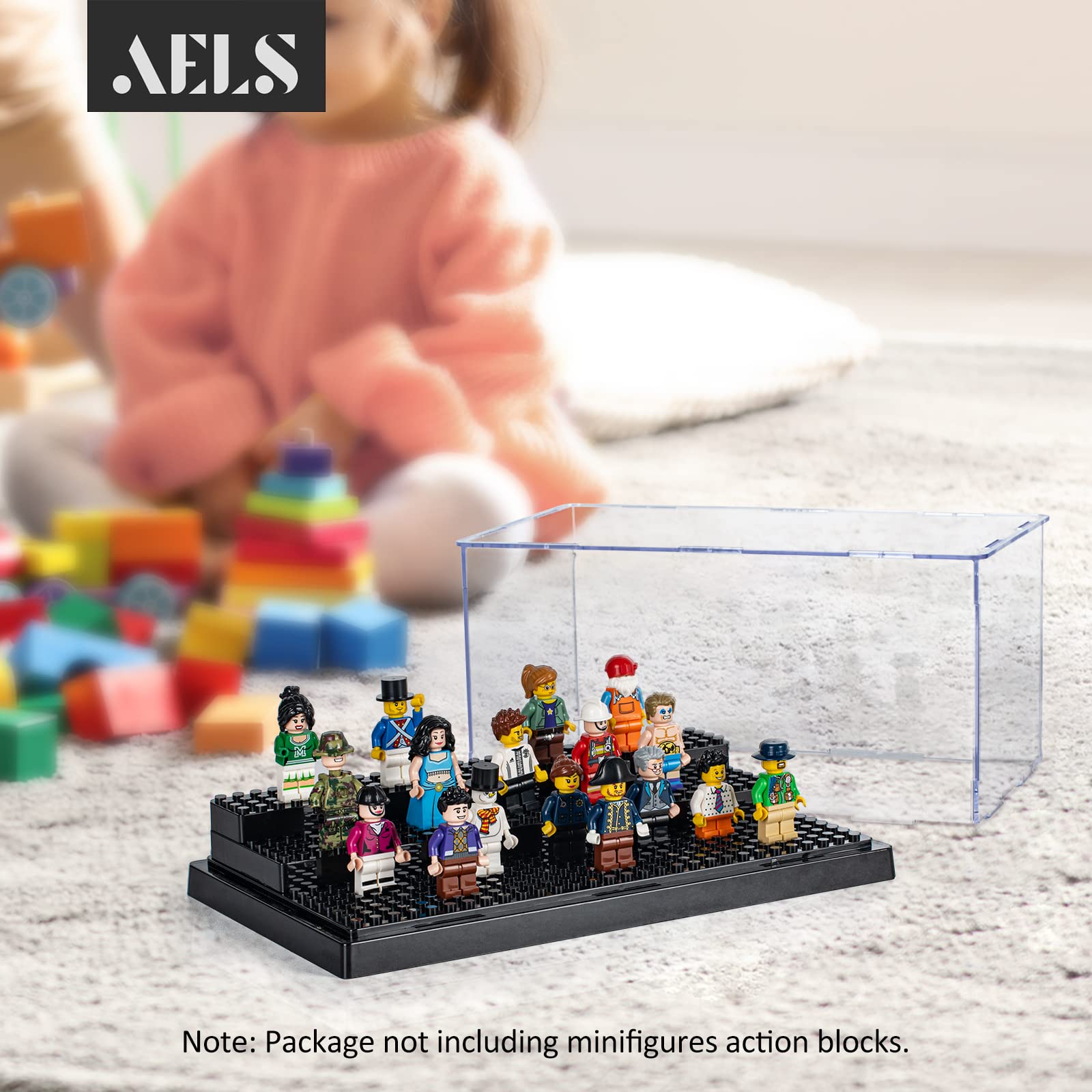 AELS 3-Level Acrylic Display Case, Dustproof Showcase for Collection Bricks Blocks Toys Models Minifigures Building, Clear, Removable, Black