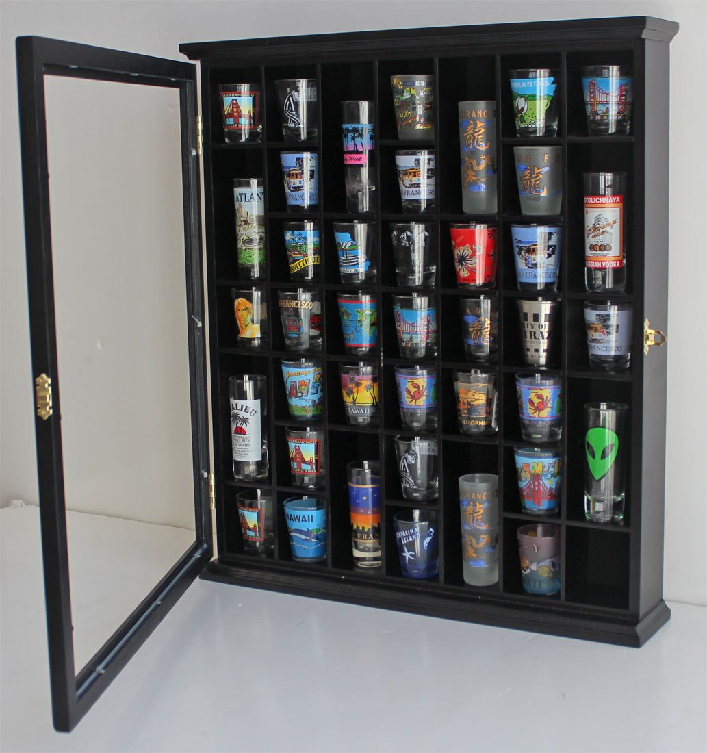 41 Shot Glass Display Case Holder Bar Collection Cabinet Wall Rack Shadow Box with Glass Door Black