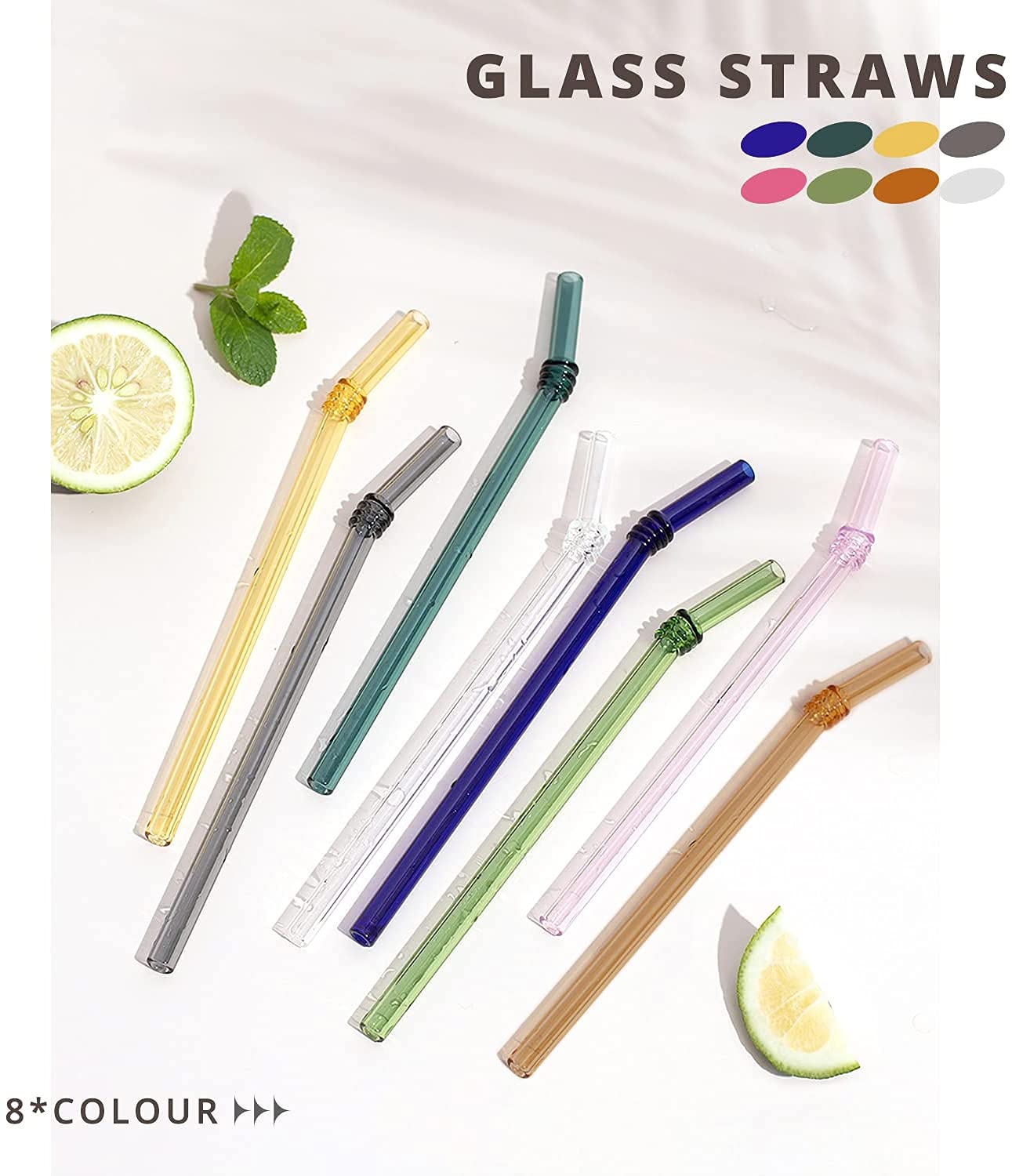 8 Pack EMPO Glass Straws Colored - 8" x 8mm Perfect Reusable Straw - Smoothies, Tea, Juice, Water, Essential Oils Gift with 2 Cleaning Brush MultiColor