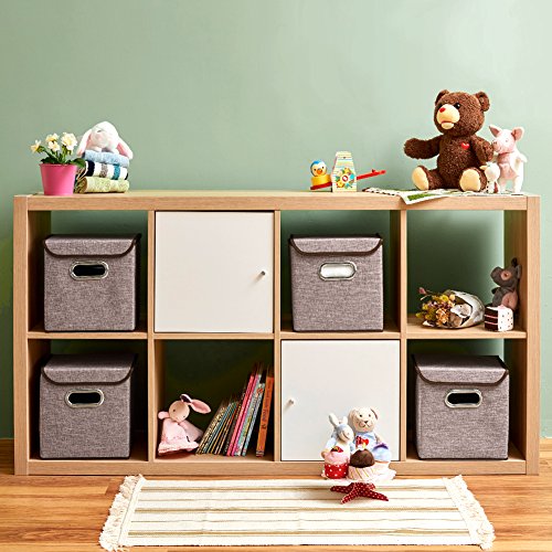 EZOWare 4pc Storage Basket Bins with Lid - Linen lidded Fabric Folding Boxes Cubes Containers - Gray, 9.8 x 9.8 x 9.8 inches