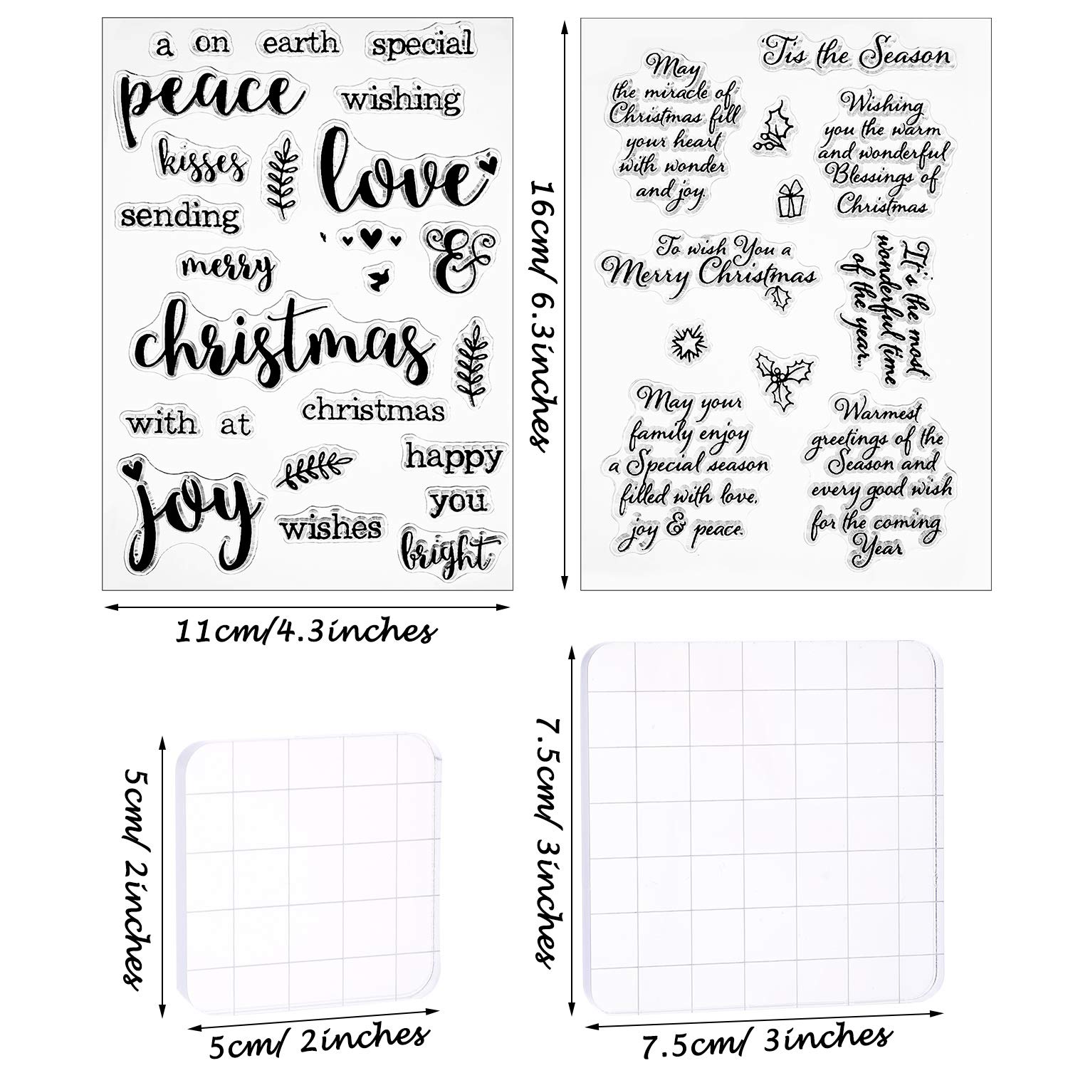4 Pieces Words Christmas Clear Stamps Set Silicone Christmas Greeting Stamps Sentiments Merry Christmas Crafts Stamps Acrylic Stamp Blocks Tools with Grid Lines for Card Making Decor DIY Scrapbooking