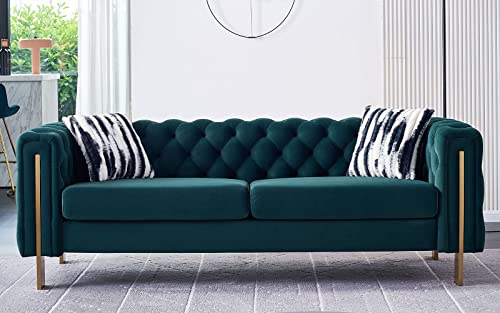 Akrenar Modern Sofa Couches for Living Room, 84 Inches Velvet Button Tufted Couch Upholstered Sofa with 2 Pillows and Metal Legs Decor Furniture for Bedroom, Office (Green)