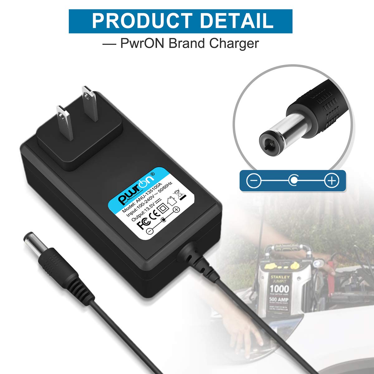 PwrON 6.6FT 13.5VDC 1A AC Adapter Compatible with Stanley J5C09 J312 J45TK Jump Starter, Stanley FATMAX 700 Peak 350 AMP J7CSR J7CS Jump Starter, Peak 300 450 600 700 Amp Jump Starter Power Station