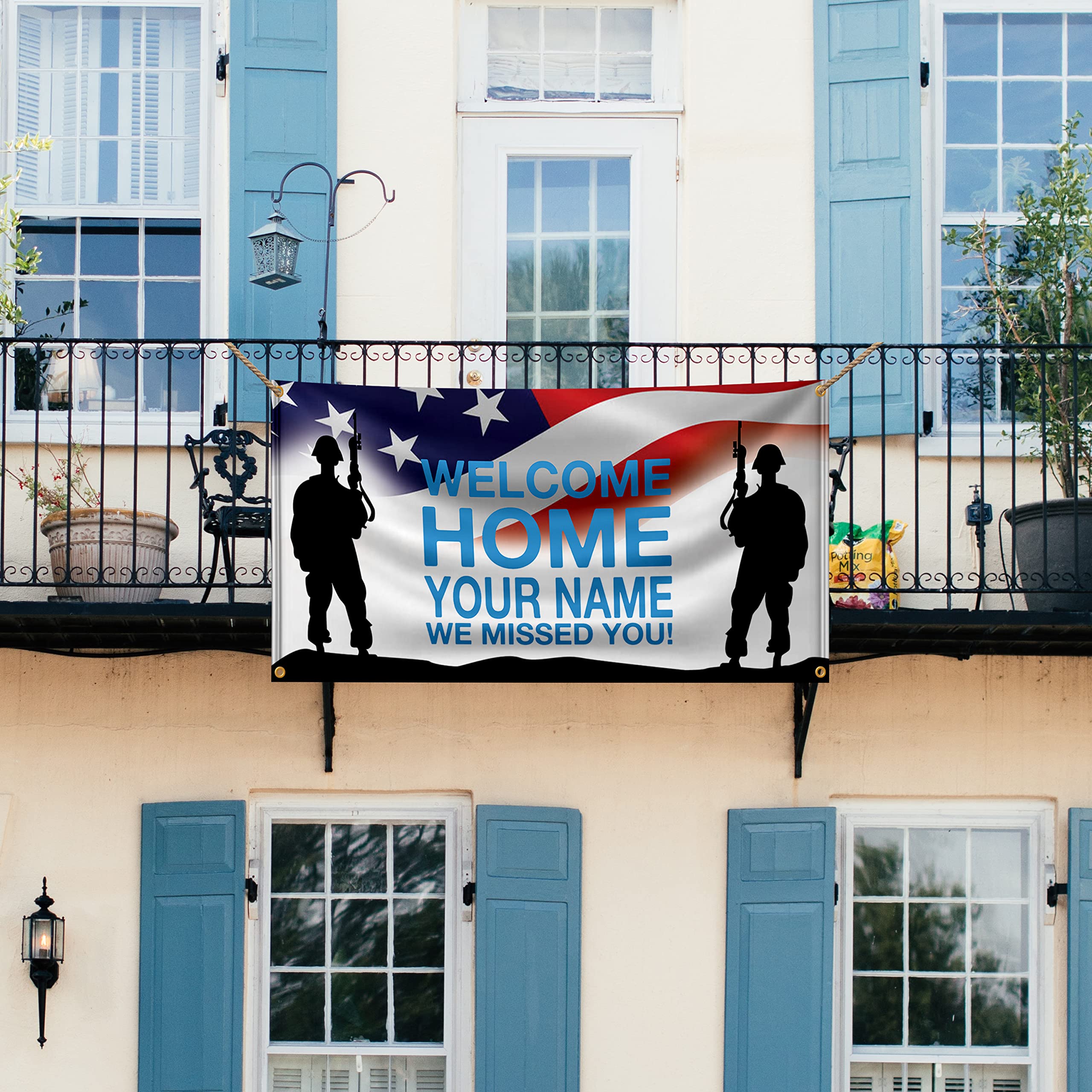 BannerBuzz Vinyl Banner, Welcome Home We Missed You Soldier, PVC Flex, 11 oz, Hemmed Edges with Grommets, Single Sided Print, Full Color 600DPI Eco Solvent Printing (10' W X 4' H)