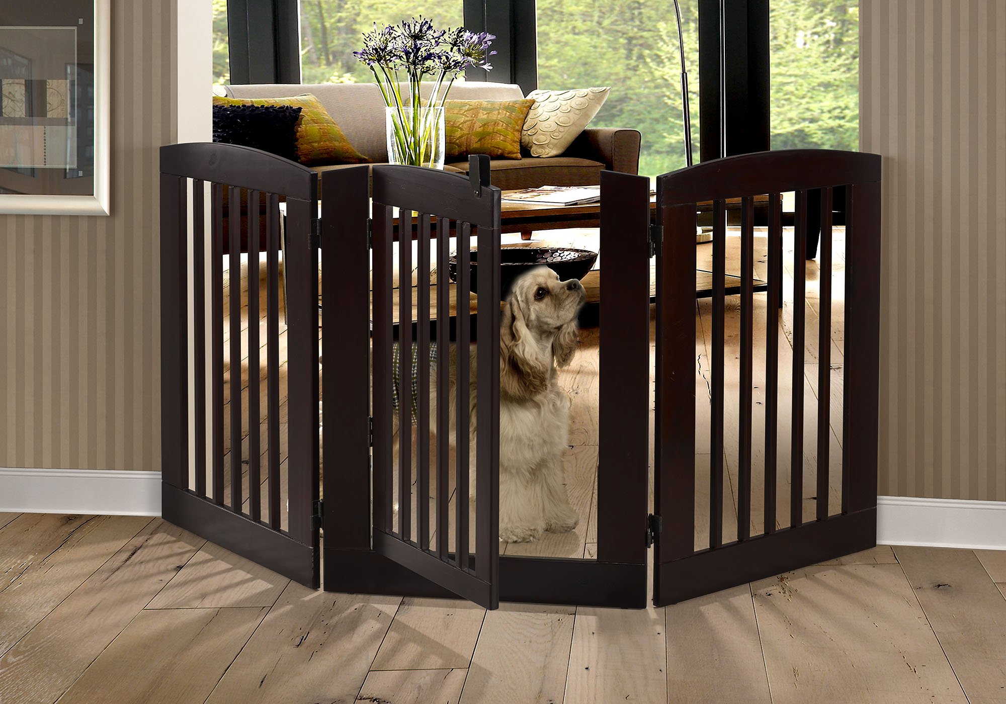 BarkWood Pets Freestanding Pet Gate with Walk-Thru Door and Three 24"W x 24"H Folding Wood Panels, Cappuccino