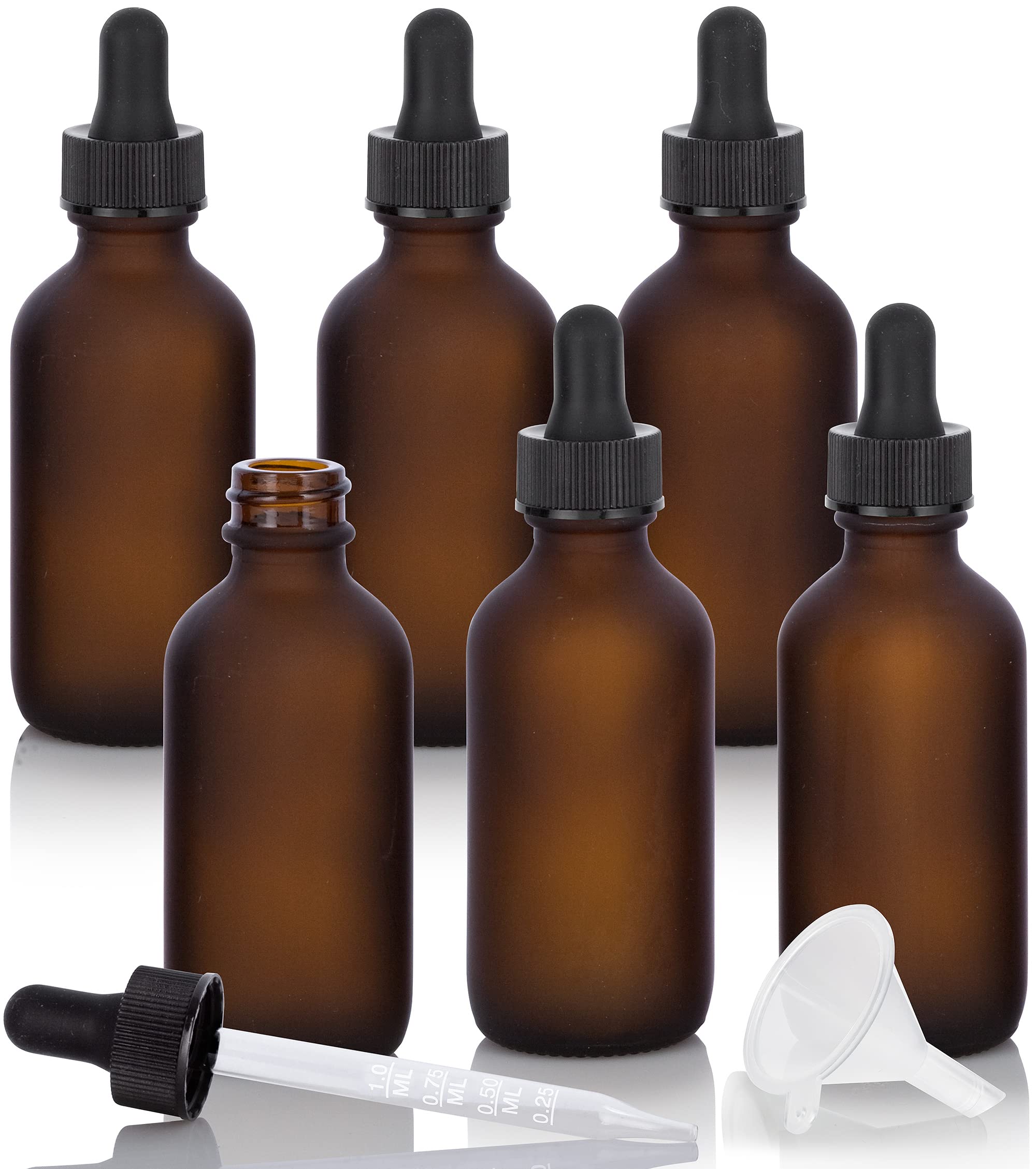 JUVITUS 2 oz Frosted Amber Glass Boston Round Bottle Graduated Measurement Dropper (6 pack) + Funnel