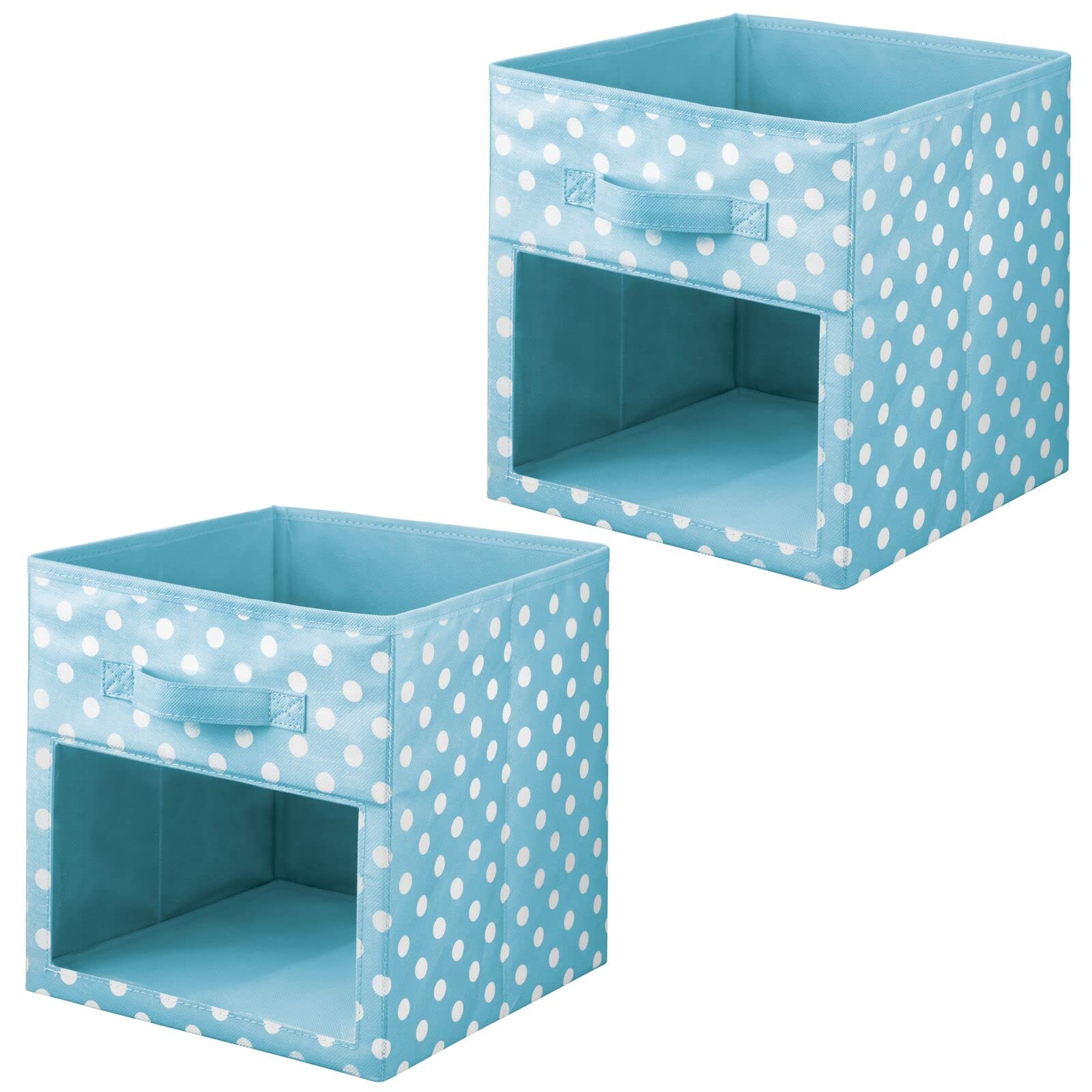 mDesign Fabric Nursery/Playroom Closet Storage Organizer Bin Box, Front Handle/Window for Cube Furniture Shelving Unit, Hold Toys, Clothes, Diapers, Bibs, 2 Pack, Turquoise Blue/White Polka Dot