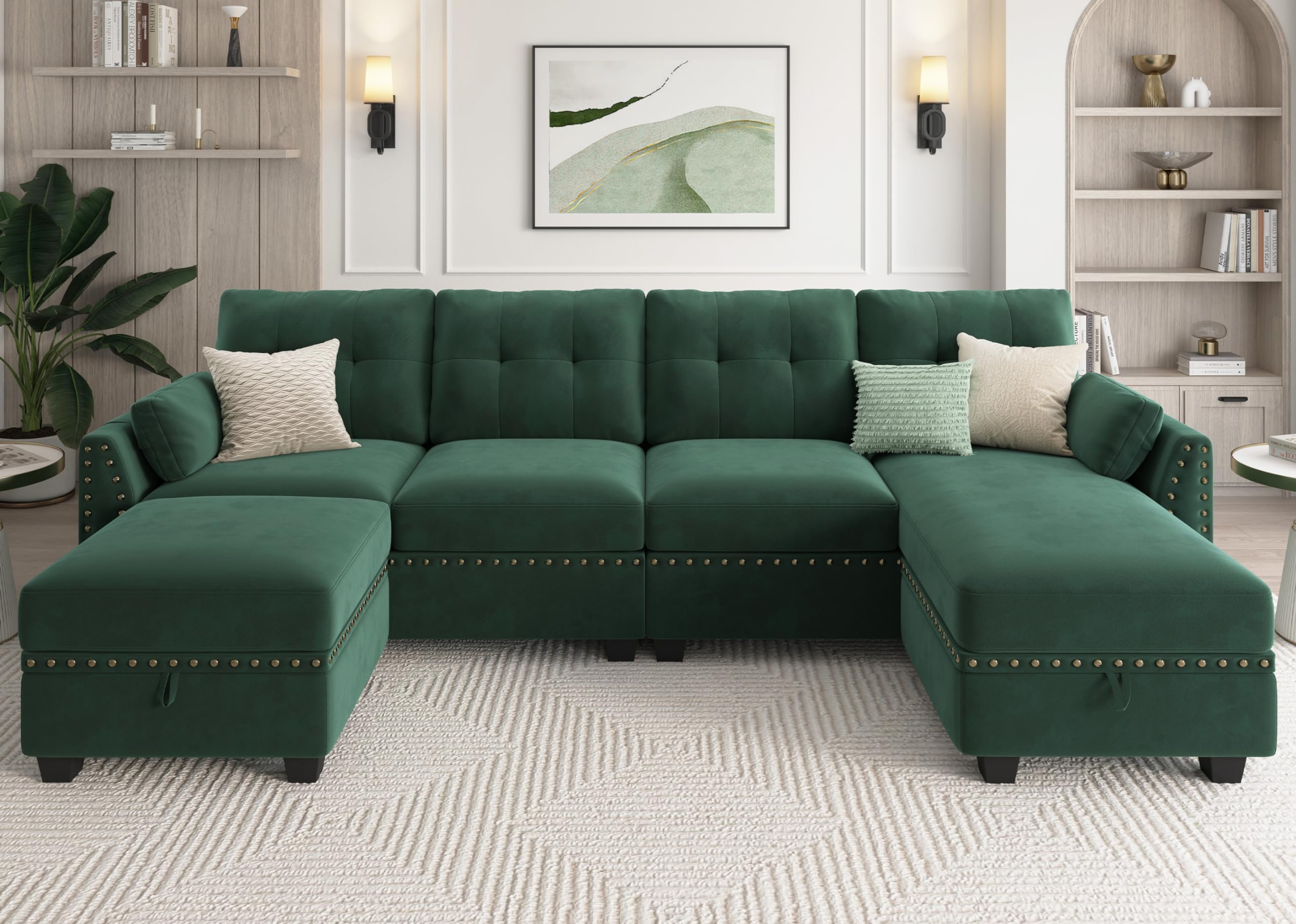 HONBAY Velvet Reversible Sectional Sleeper Sofa with Storage Ottoman Convertible Couch 4-Seater Sectional Sofa Bed for Living Room,Green