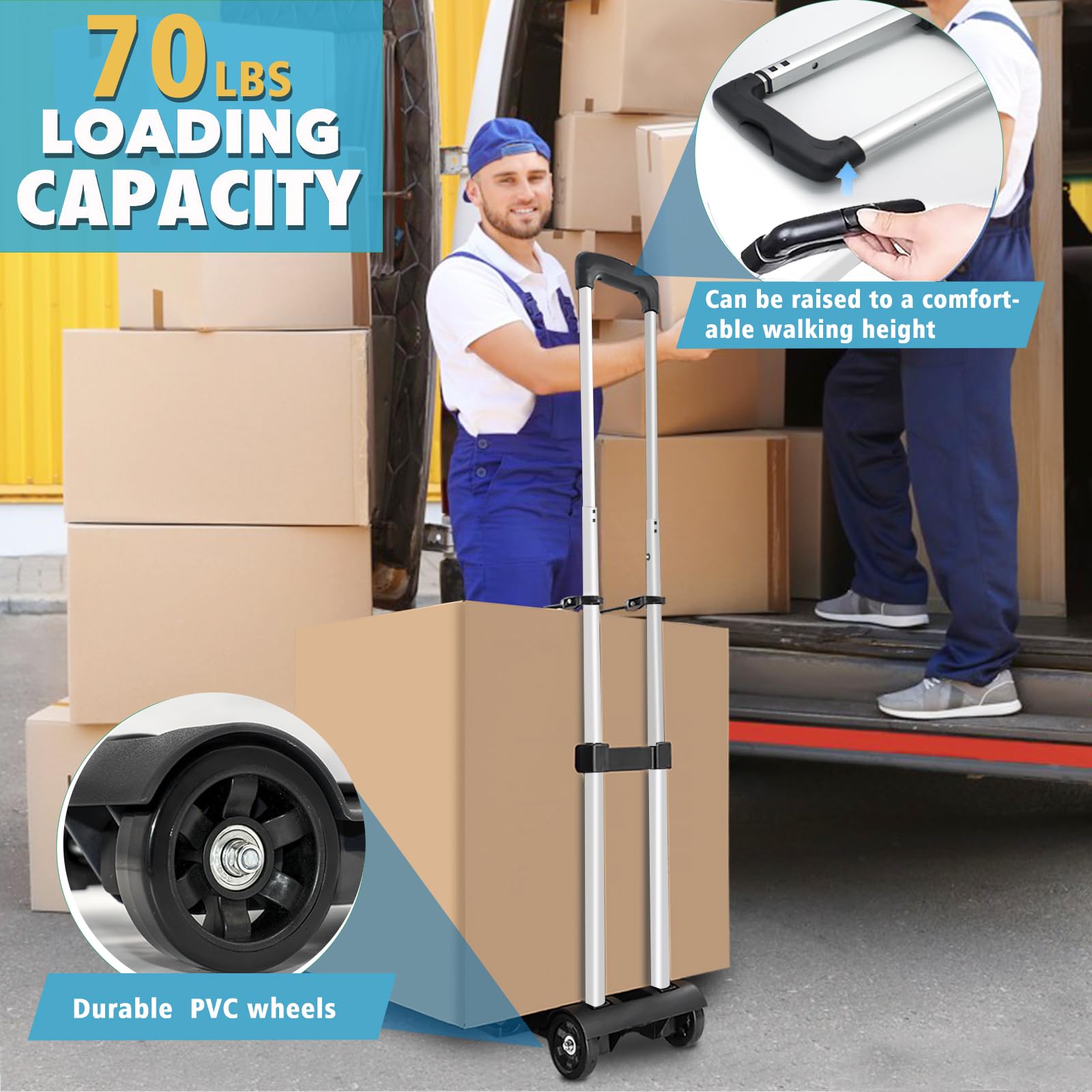 Folding Hand Truck Aluminum Telescopic Rod Foldable Roller Shopping Trolley Collapsible 2 Wheel Trolley Expandable Large Chassis Foldable into Backpack