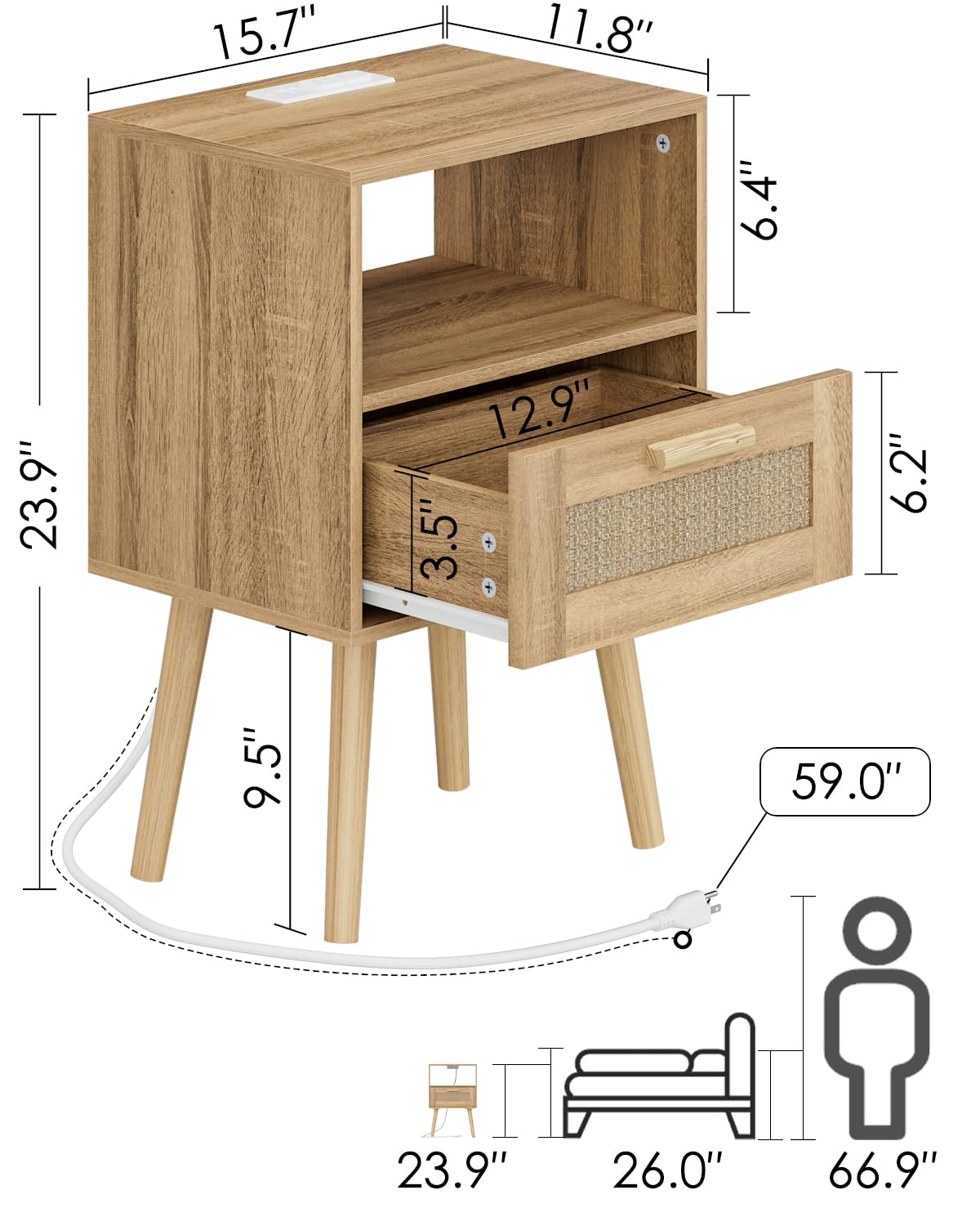 AEPOALUA Nightstands with Charging Station, End Table, Rattan Nightstand, Side Table with Hand Made Rattan Decorated Drawers, Wood Accent Table with Storage for Bedroom
