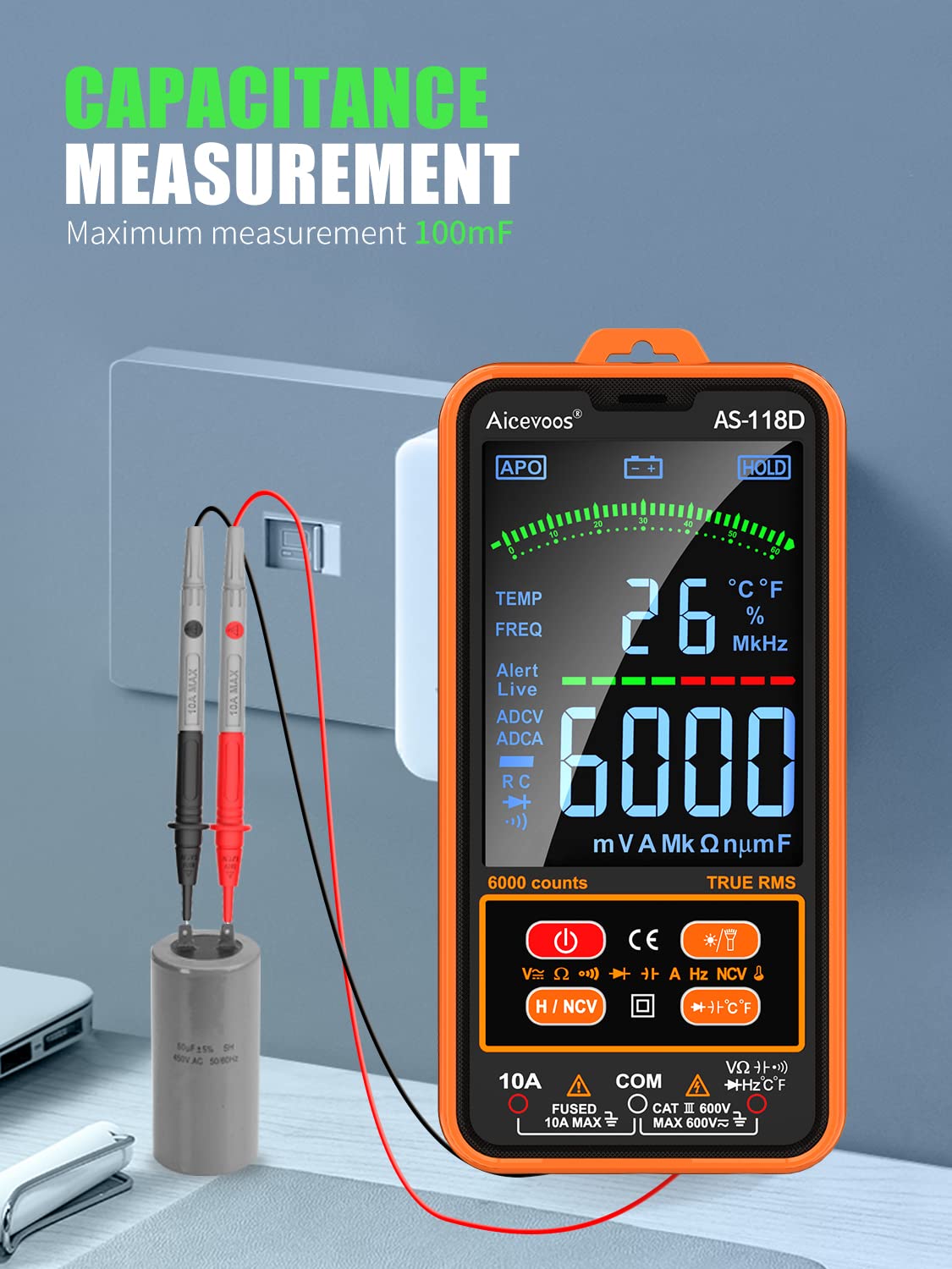 Aicevoos AS-118D Smart Digital Multimeter Auto-Ranging Voltmeter Electrical Tester Measures Voltage Current Capacitance Resistance Continuity Duty-Cycle Temperature Frequency