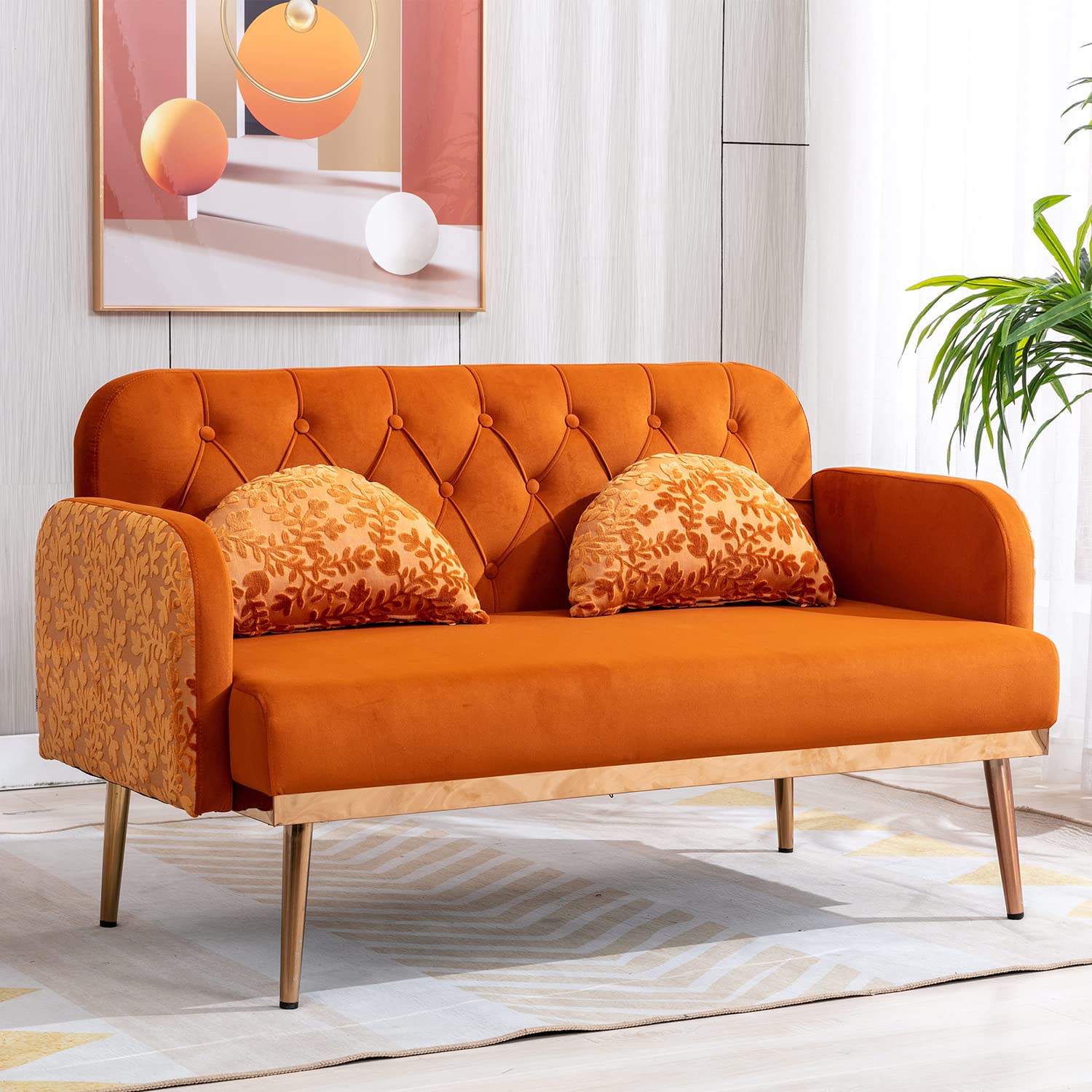 55-inch Small Velvet Couch with Elegant Moon Shape Pillows, Twin Size Loveseat Accent Sofa with Golden Metal Legs, Living Room Sofa with Tufted Backrest, 600 Pounds Weight Capacity, Orange
