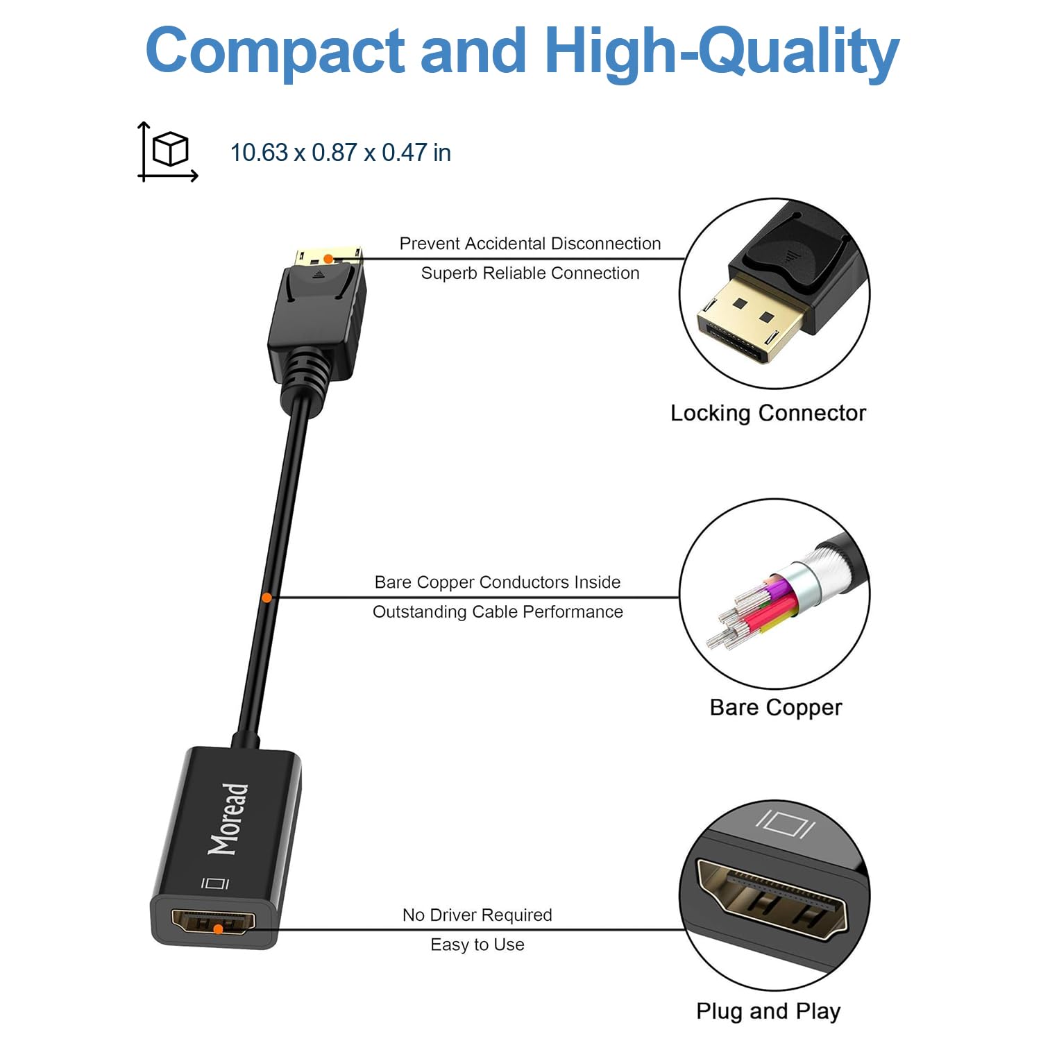 Moread 4K DisplayPort (DP) to HDMI Adapter, Gold-Plated Uni-Directional Display Port PC to HDMI Screen Converter (Male to Female) Compatible with HP, Dell, Lenovo & More, Passive - Black