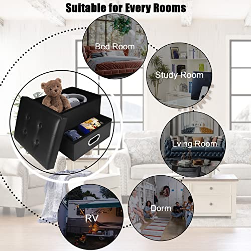 AmasSmileĀ® Folding Storage Ottoman Foot Rest Stool with Drawers, 16 inch Leather Footstool Bench, Short Ottoman Bench, Storage Foot Rest Store, Books,Records Support 300 lbs, Black