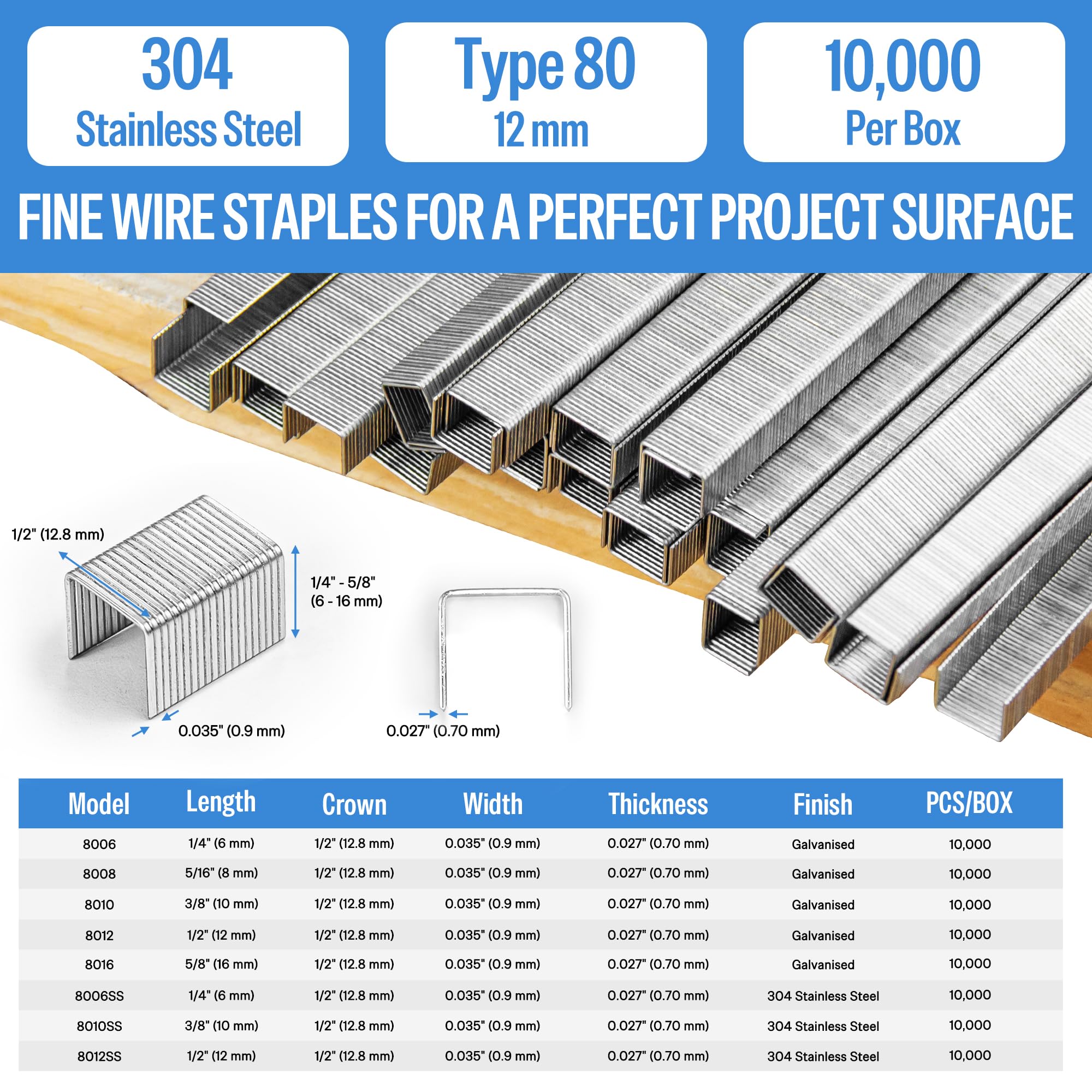meite 21 Gauge 1/2-inch Crown 304 Stainless Steel Upholstery Staples with 1/2-inch Leg for MT8016 Stapler 10,000 PCS/Box