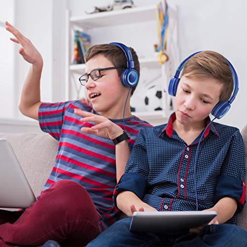 POWMEE P10 Kids Headphones with Microphone Stereo Headphones for Children Boys Girls,Adjustable 85dB/94dB Volume Control Foldable On-Ear Headphone with Microphone for School/PC/Cellphone(Blue)