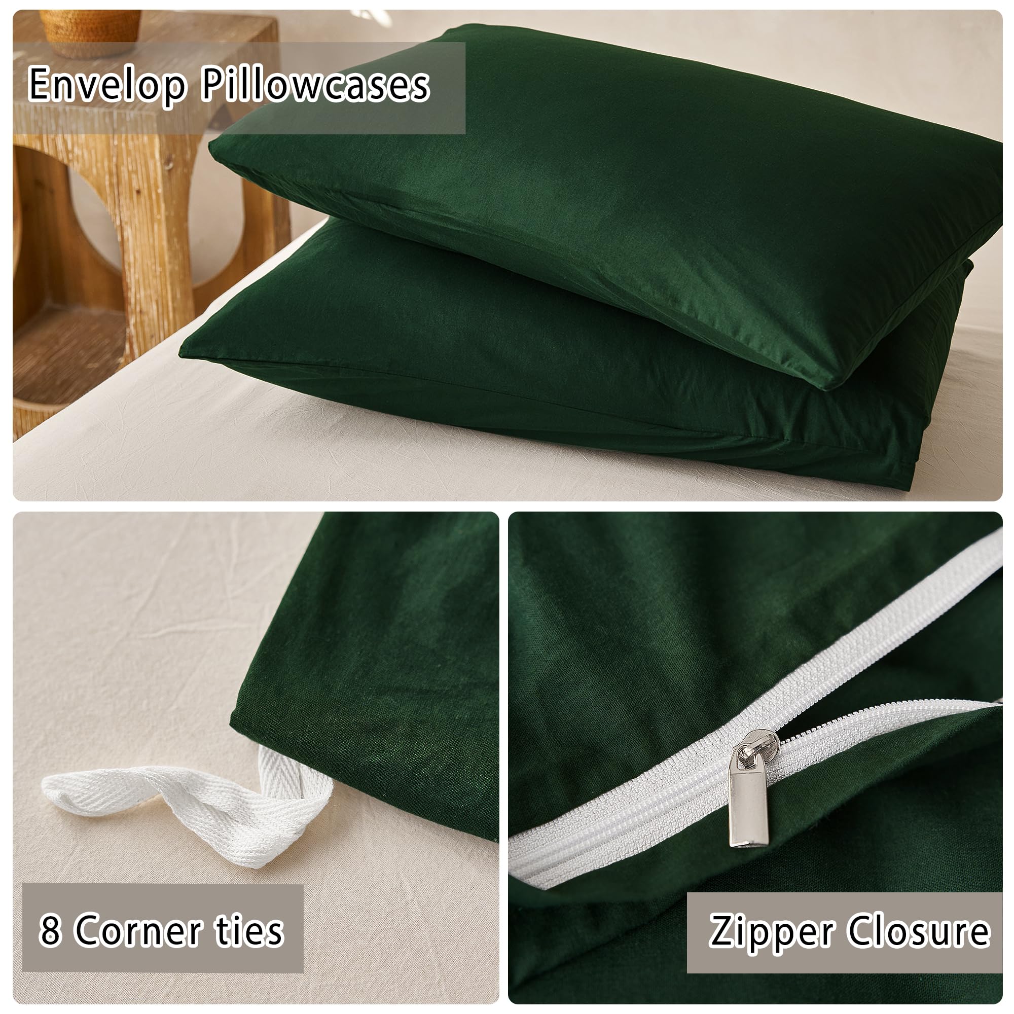 TOCOMOA Duvet Cover Set King Size, 100% Washed Cotton Like Linen Textured, 3 Piece Dark Green Bedding Set Soft Breathable, Ideal for Sweating Groups, Simple Style Farmhouse Comforter Cover