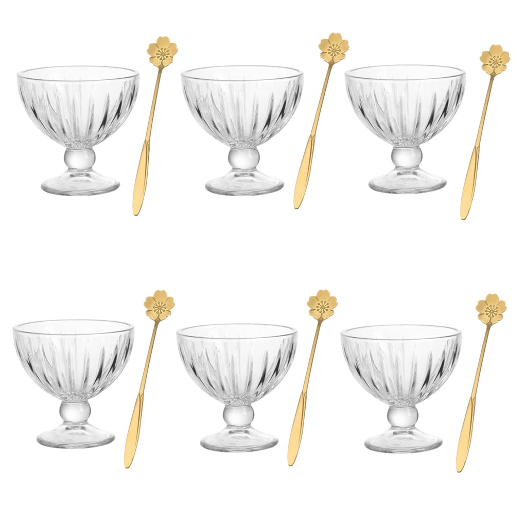 Aebor Glass Ice Cream Cups,Dessert Bowls, for Dessert, Sundae, Ice Cream, Fruit, Salad, Snack, Cocktail,etc (Includes 6 Glass Ice Cream Cups 250ml And 6 Metal Spoons)