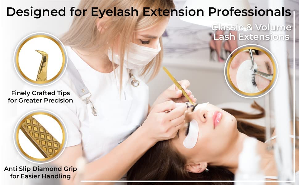 M LASH Tweezers for Eyelash Extensions (Set of 4) - Professional Lash Extension Tweezers - Fiber Tip, Japanese Steel, Diamond Grip Eyelash Extension Tweezer (Silver)