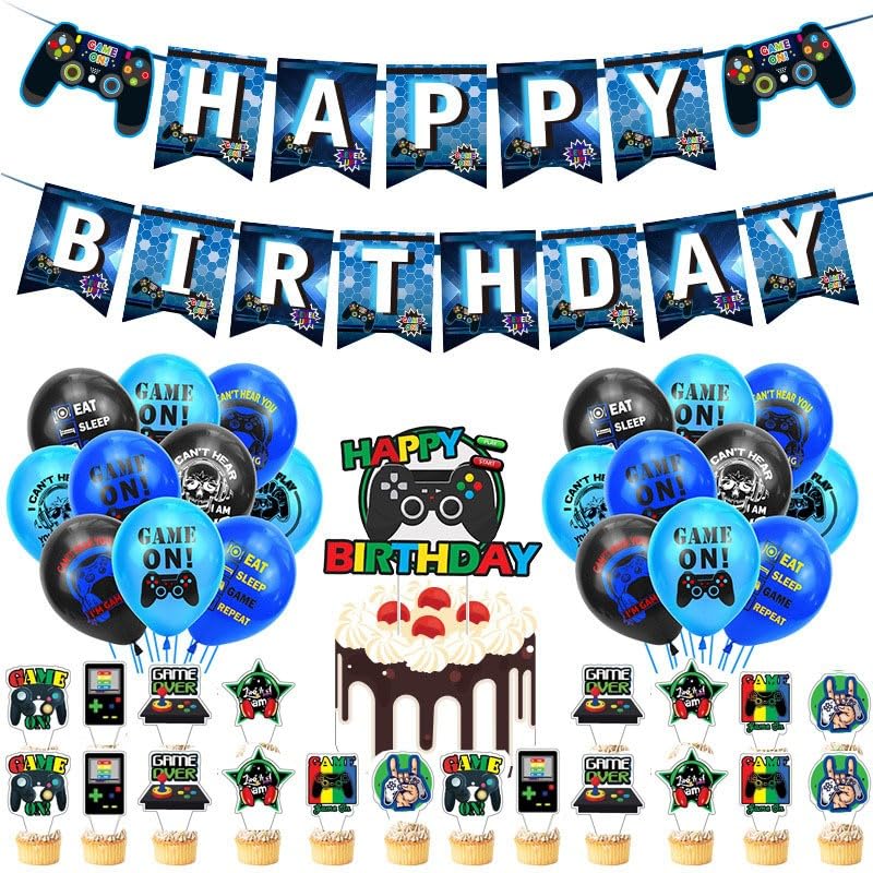 35pcs Blue Video Game Birthday Party Decorations For Boys,video Game Party Supplies Birthday Banner Balloons Cake Toppers For Kids Men Gamers Handheld Gamepad Theme Birthday Party Decoration