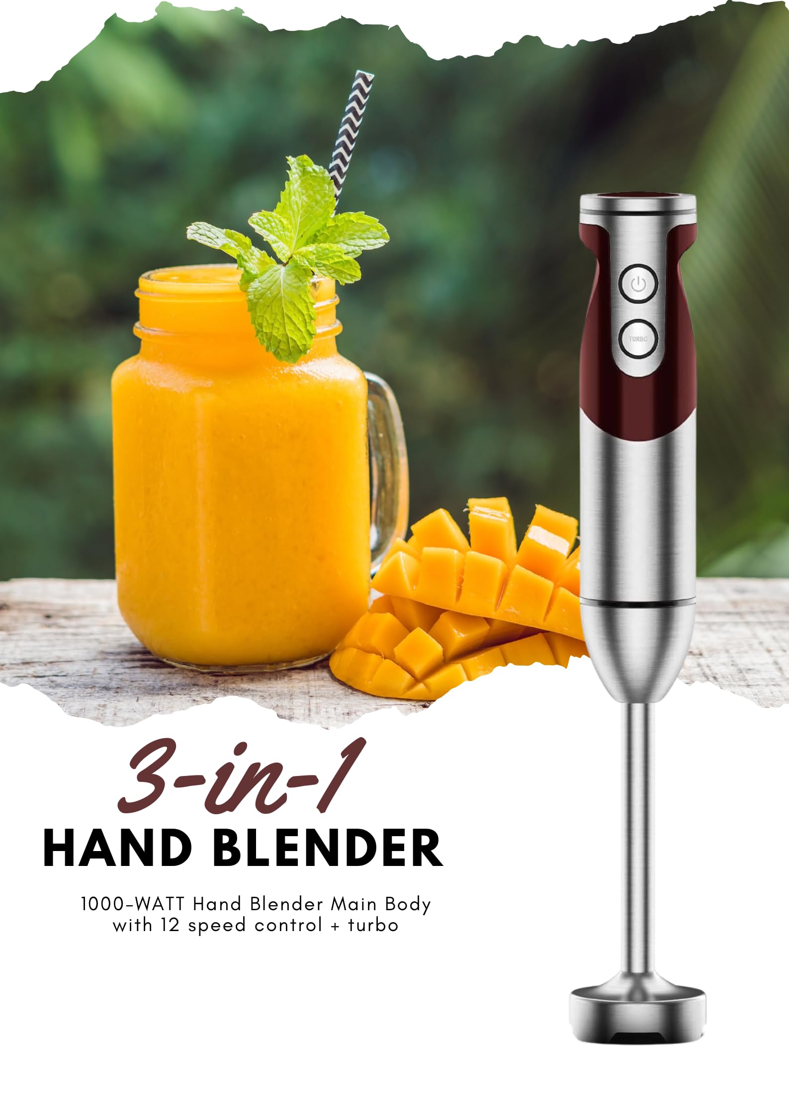 Megawise 3-in-1 Hand Blender β 12-Speed, Includes Powerful Blender Stick, Whisk, and Milk Frother β Easy to Clean and Perfect for Smoothies, and More (Red)