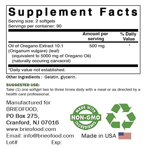 Brieofood Oregano Oil 5000mg/Serving - Contains Naturally Occuring Carvacrol - Healthy Immune Function - 180 Softgels