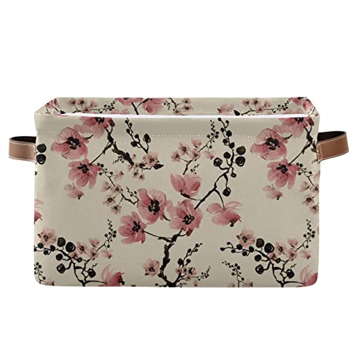 ALAZA Cherry Blossom Flowers Storage Basket for Shelves for Organizing Closet Shelf Nursery Toy, Fabric Collapsible Storage Organizer Bins Decorative Baskets with Handles Cubes